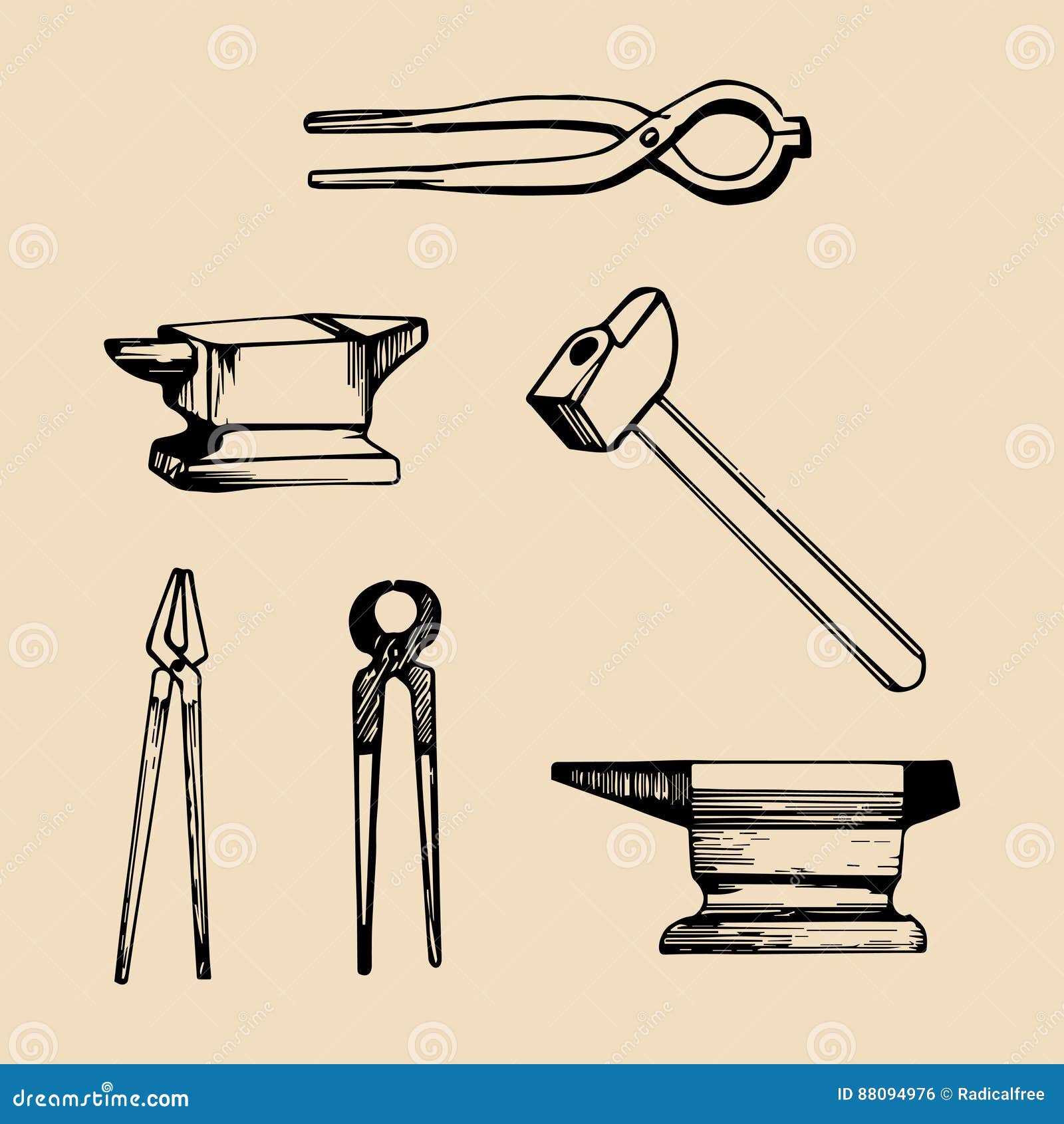 Vector Illustration Set of Hand Sketched Blacksmith Elements. Retro ...
