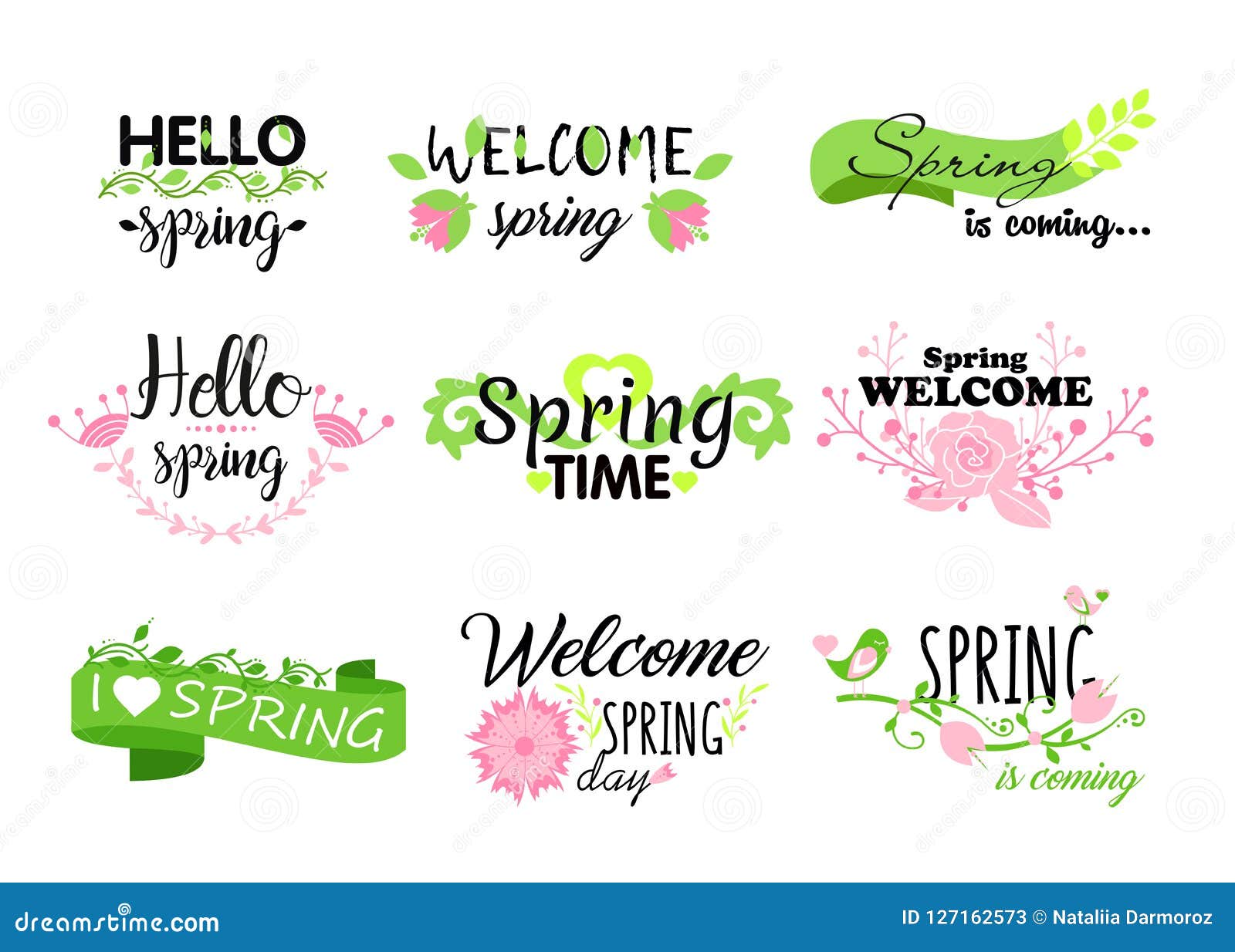 Vector Illustration Set of Hello Spring Lettering Typography ...