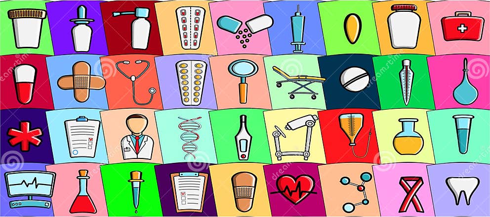 Vector Illustration Set Of Medical Items Icons Drugs Medications Flasks