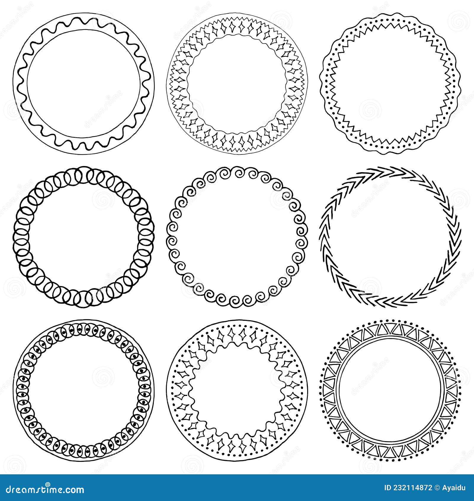 Vector Set of Round Ink Frames with Hand Drawn Ornament Stock Vector ...
