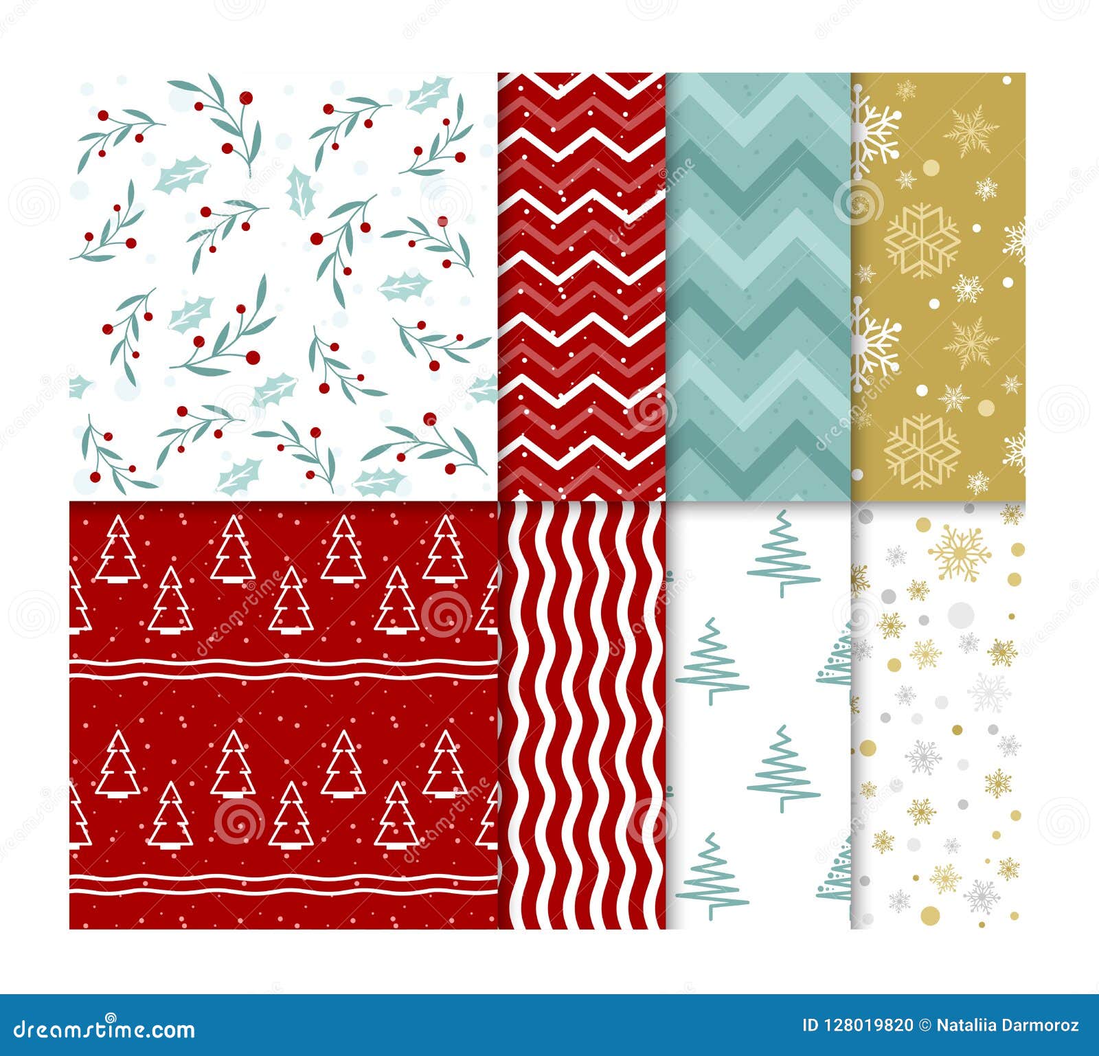 Vector Illustration Set of Seamless Bright Christmas Patterns with Snow ...