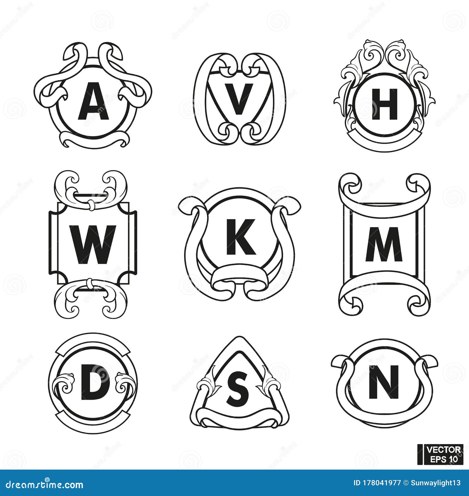 Set of Simple and Elegant Monogram with Scroll. Line Style Stock ...