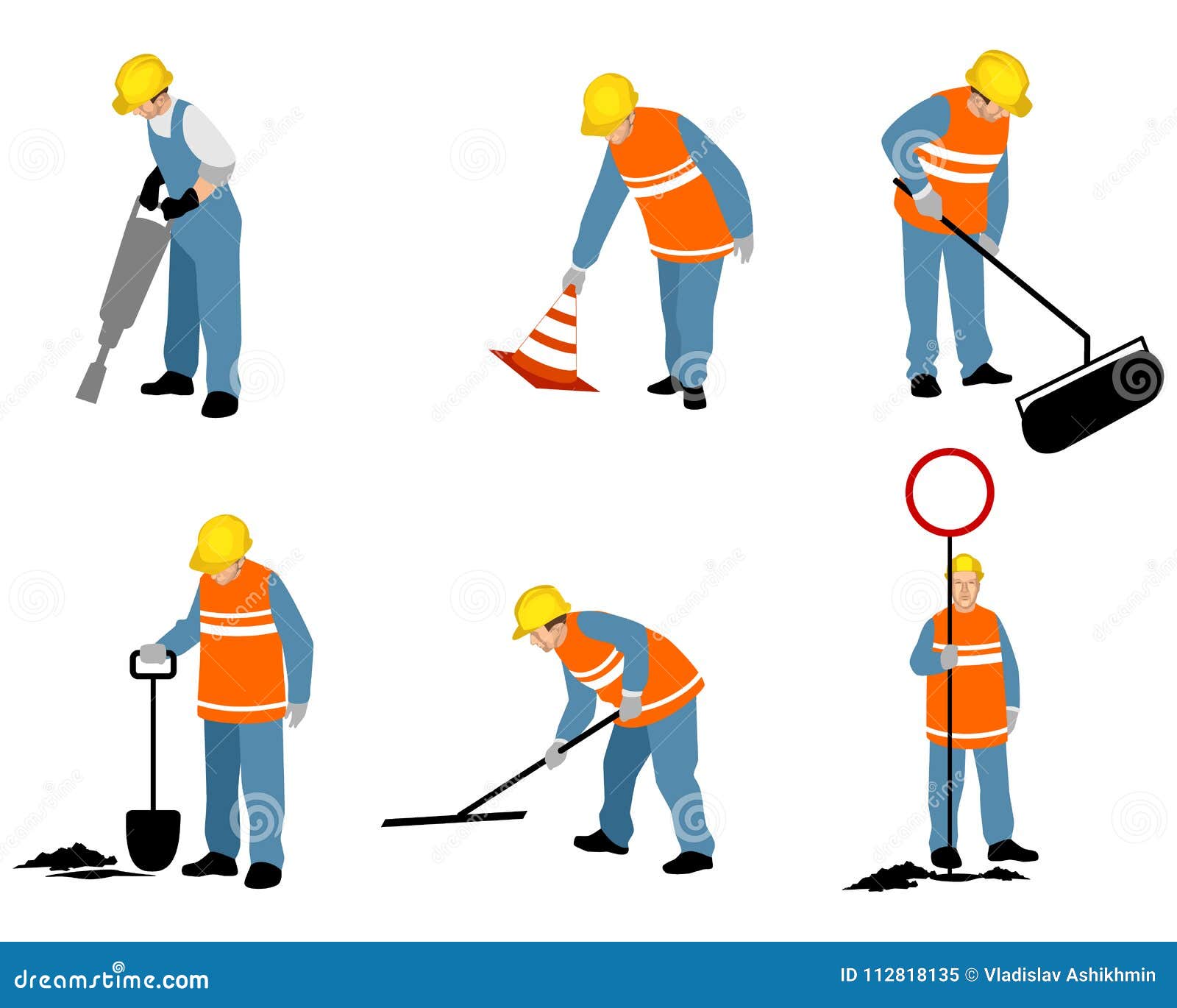 Six road workers stock vector. Illustration of stop - 112818135