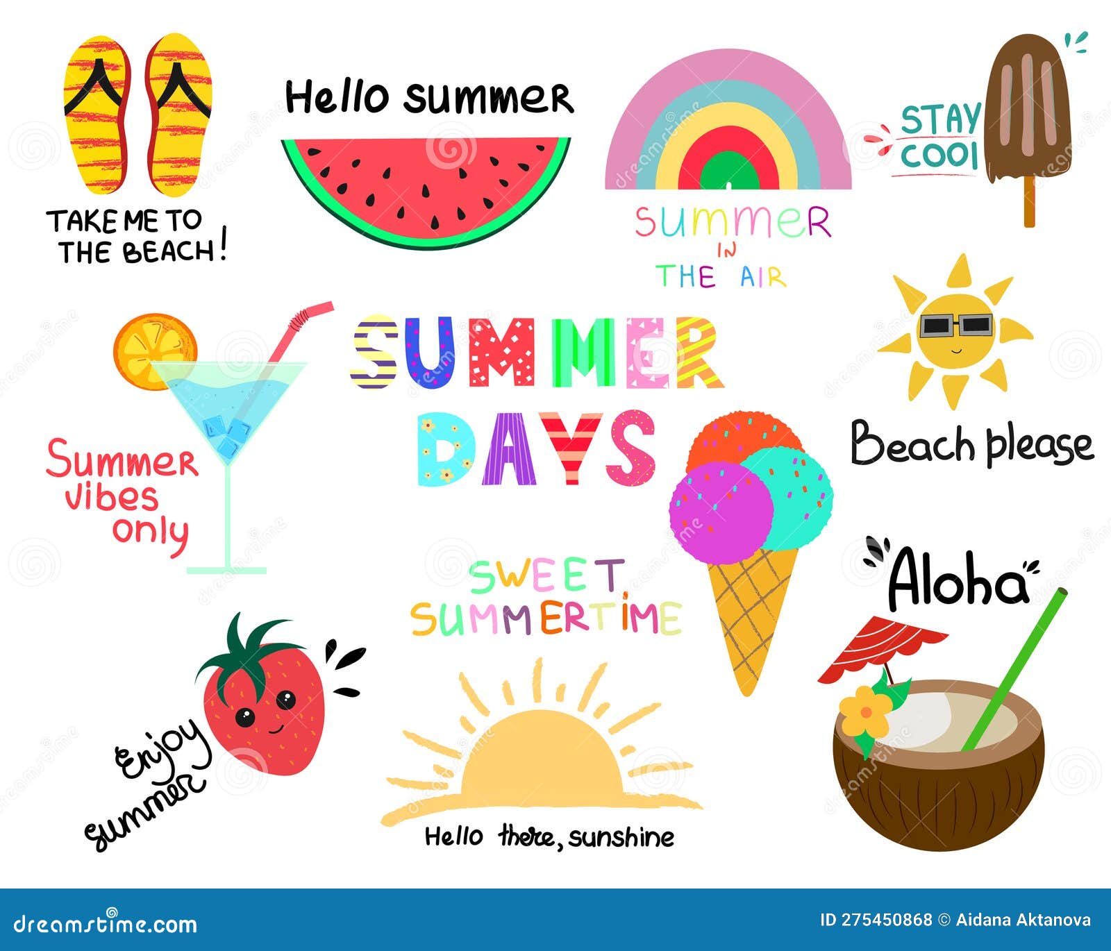 Vector Illustration Set of Summer Themed Colorful Stickers Stock Vector ...