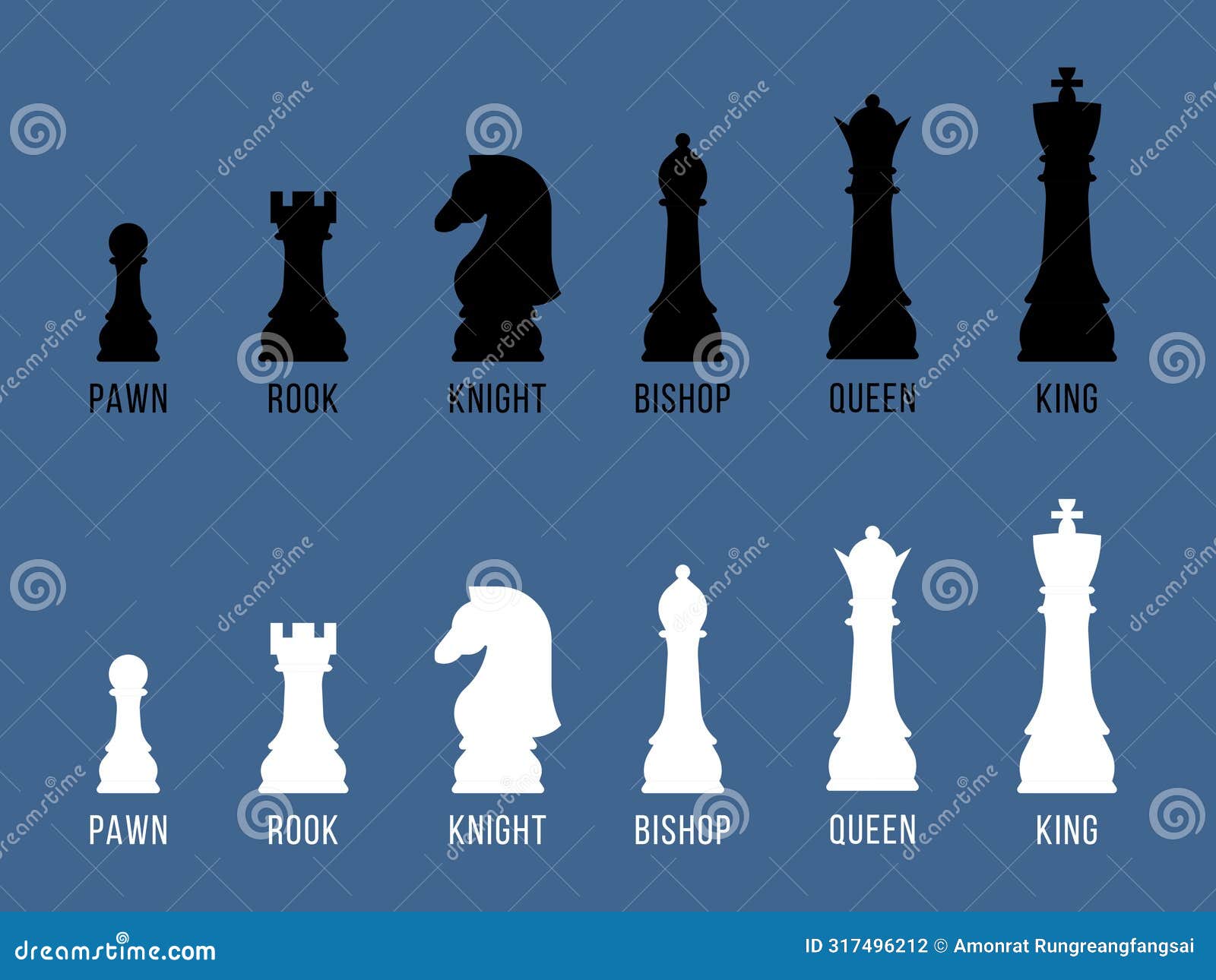 Vector Illustration Set of White and Black Chess Pieces with Their ...