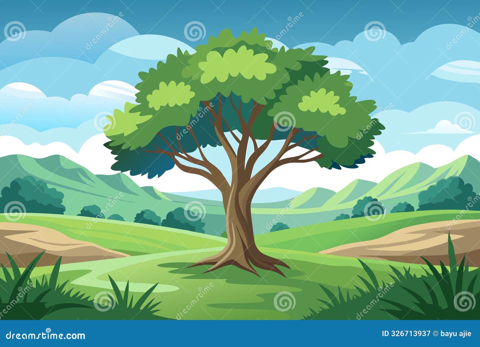 Vector Illustration of Shady Tree in the Middle of Grass Field, Nature ...