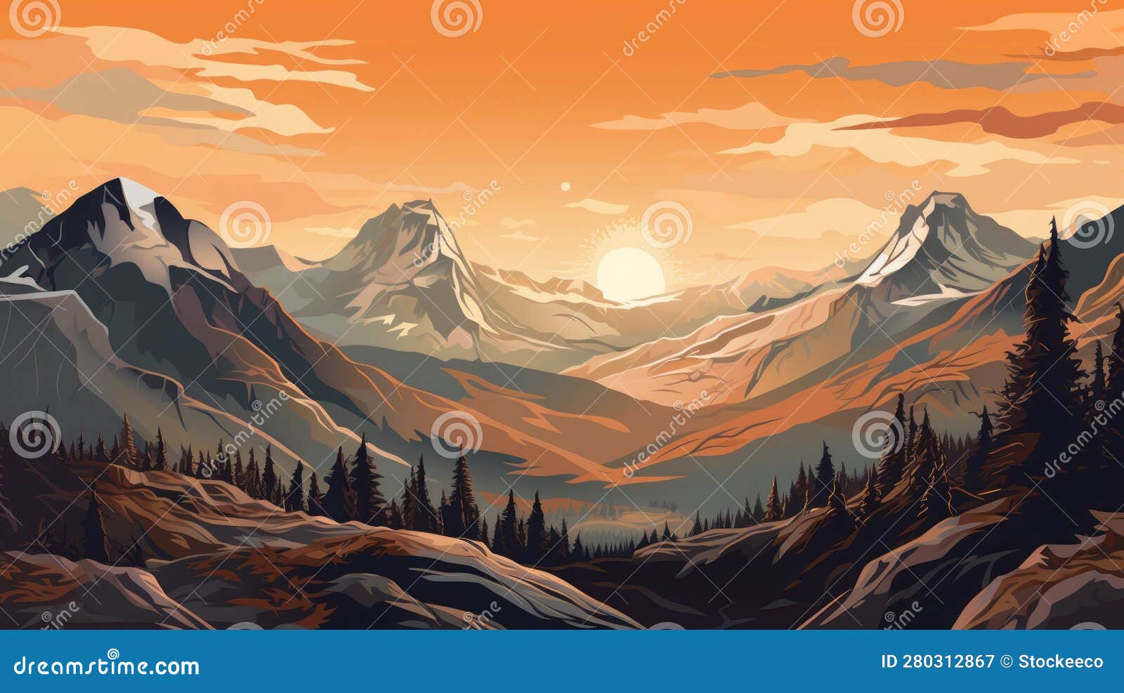 Ultra Detailed Illustration of Mountains with Sunsets in Warm Color ...