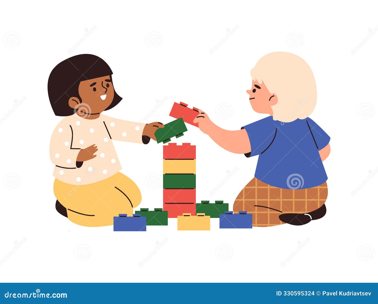 Vector Illustration Showing Children Assembling Lego Bricks on the ...