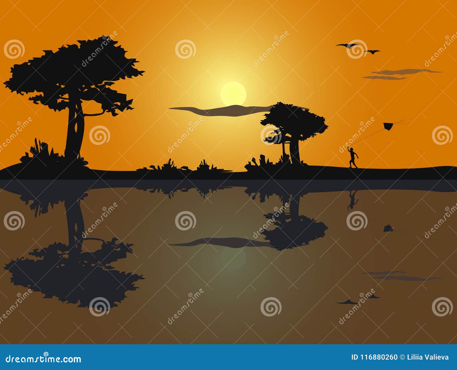 Vector Illustration of Silhouette of Sunset on the Beach with Tr Stock ...