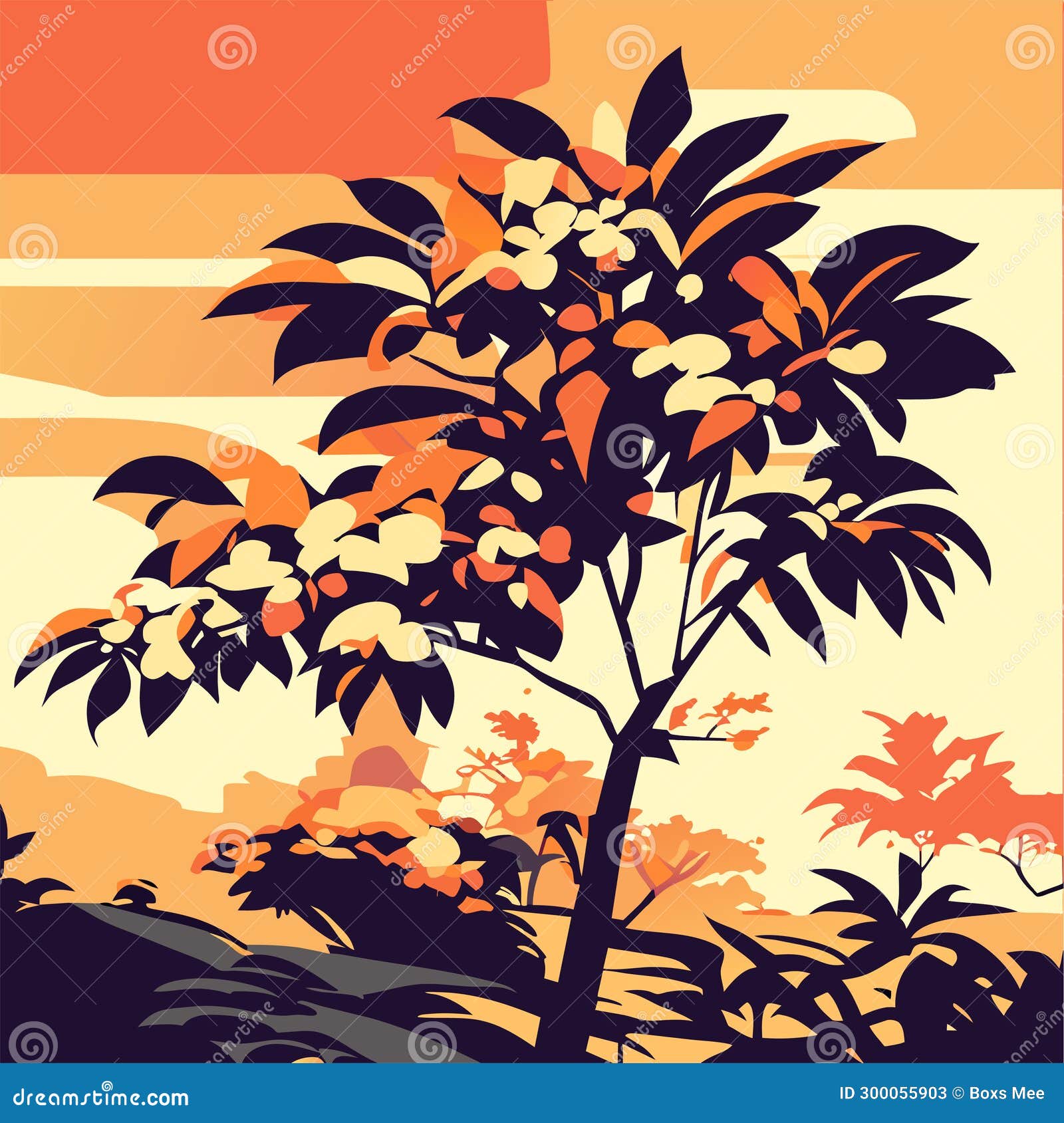 Vector Illustration of a Silhouette of a Tree with Flowers in the ...