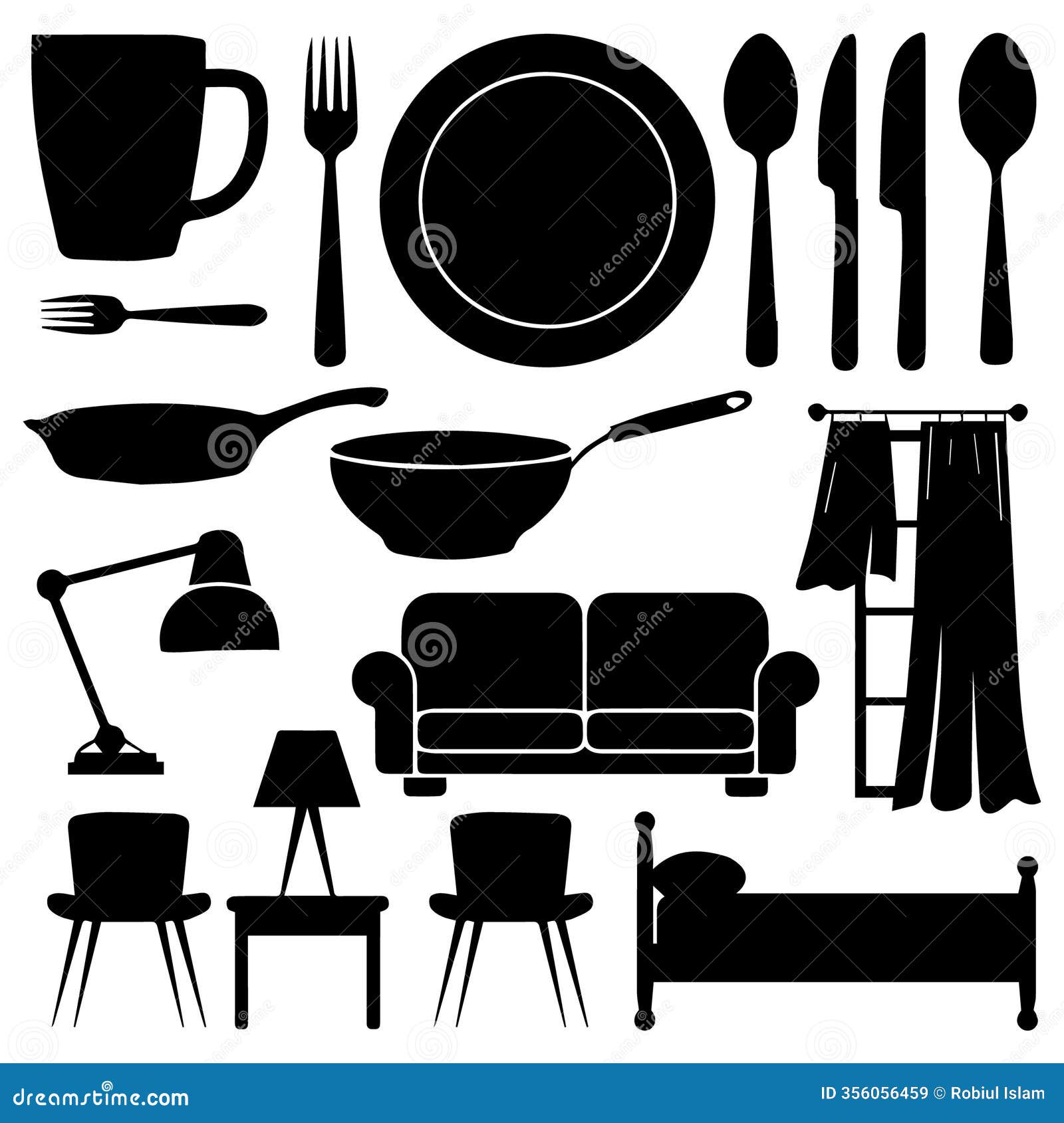 Vector Illustration of Silhouettes of Various Household Objects. Stock ...