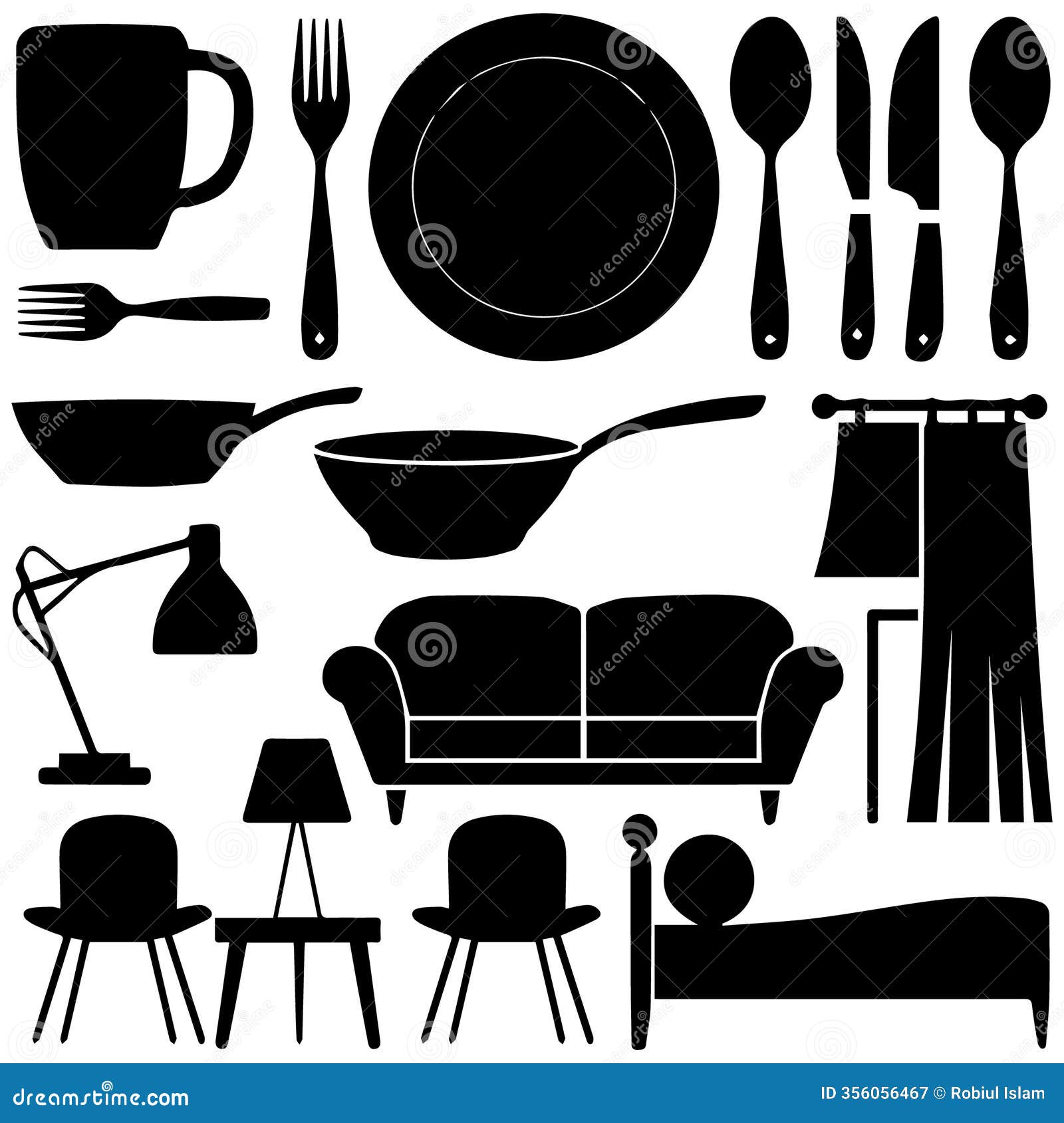 Vector Illustration of Silhouettes of Various Household Objects. Stock ...