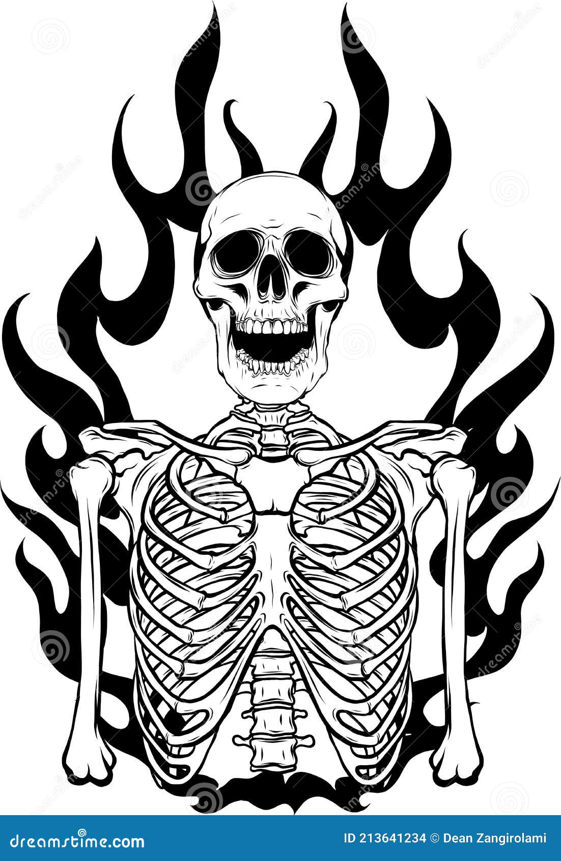 Draw in Black and White of Vector Illustration of Skeleton in Flame ...