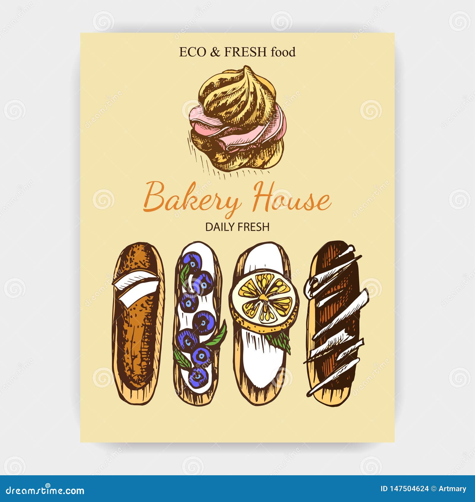 Vector Illustration Sketch Eclair. Card Menu Profiterole 库存例证 - 插画 包括有 ...