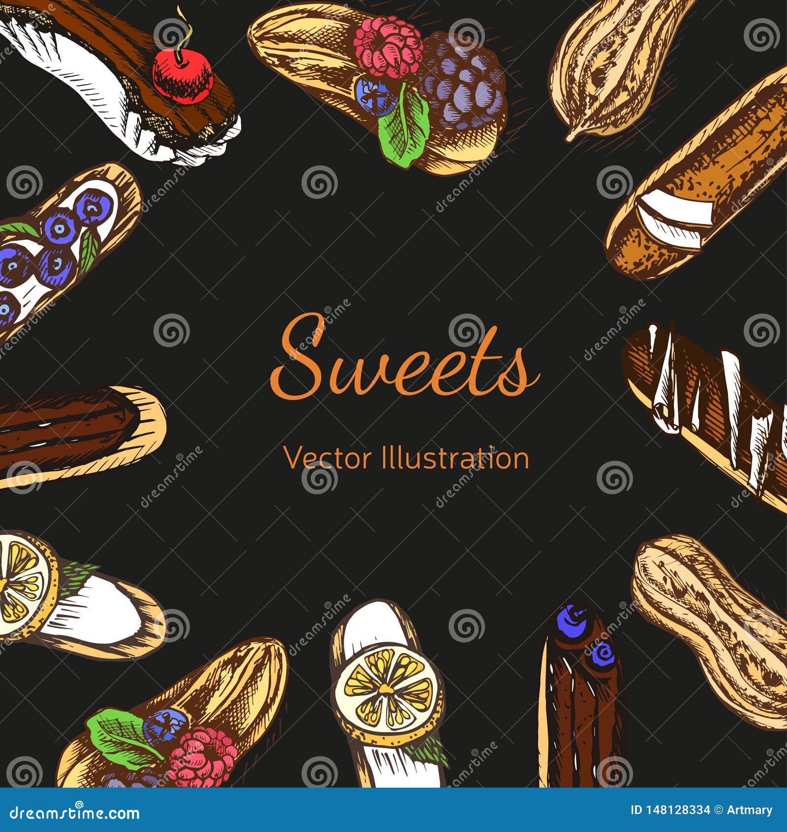 Vector Illustration Sketch Eclair. Card Menu Profiterole Stock ...