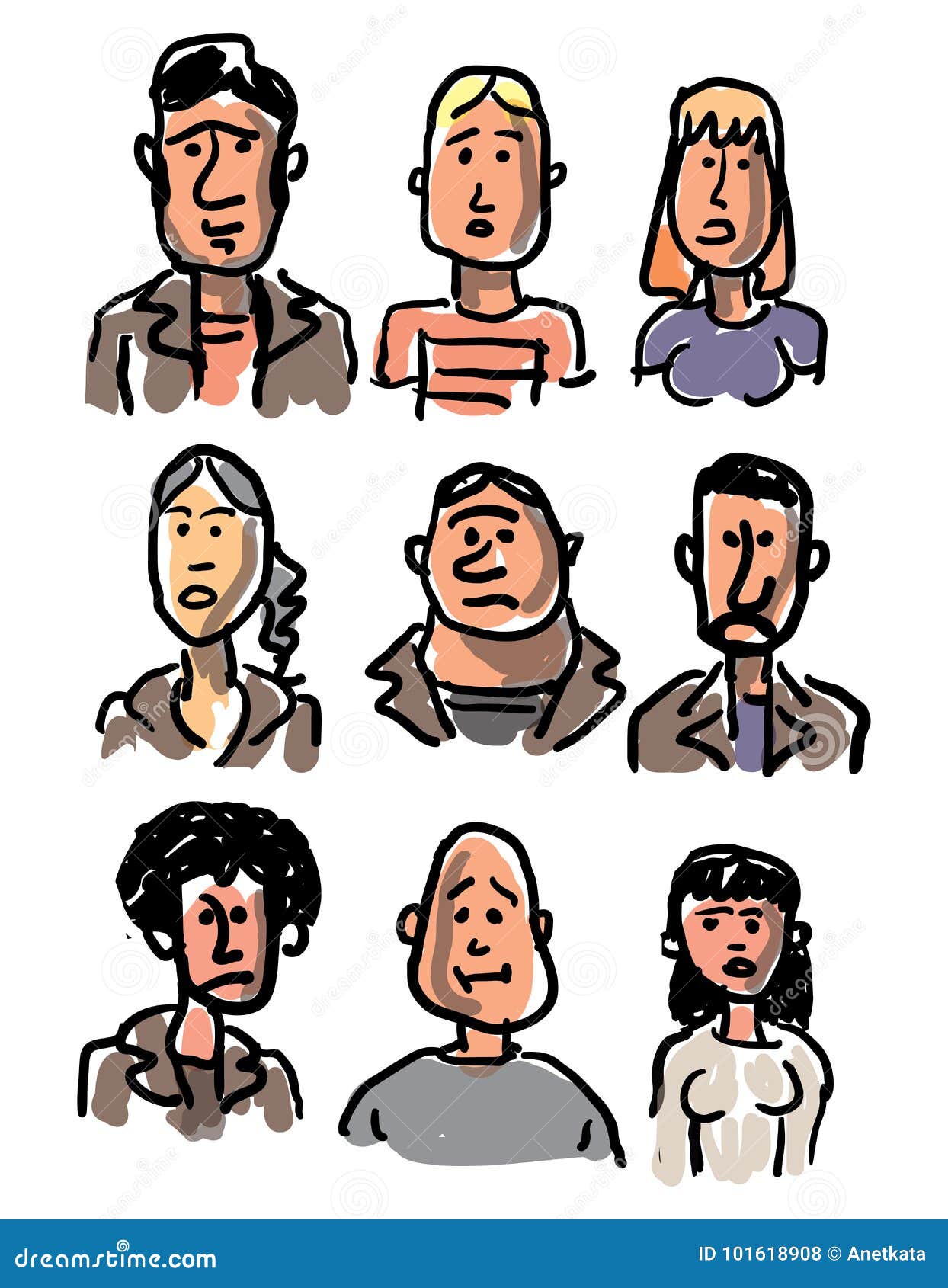 Sketch Faces. Doodle Man And Woman Portraits. Girls Hairstyle. People ...