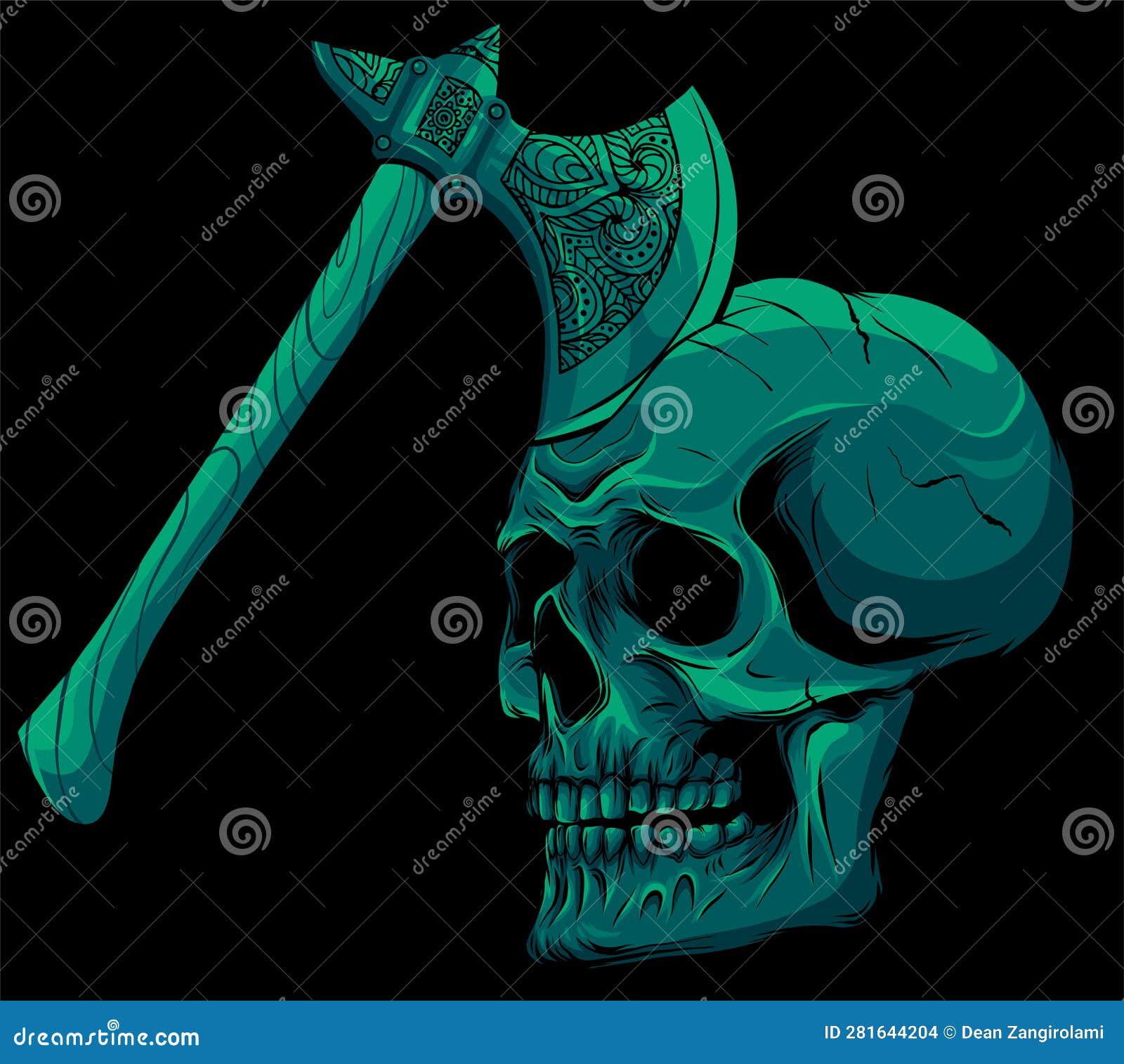 Vector Illustration of Skull with Ax on Black Background Stock Vector ...