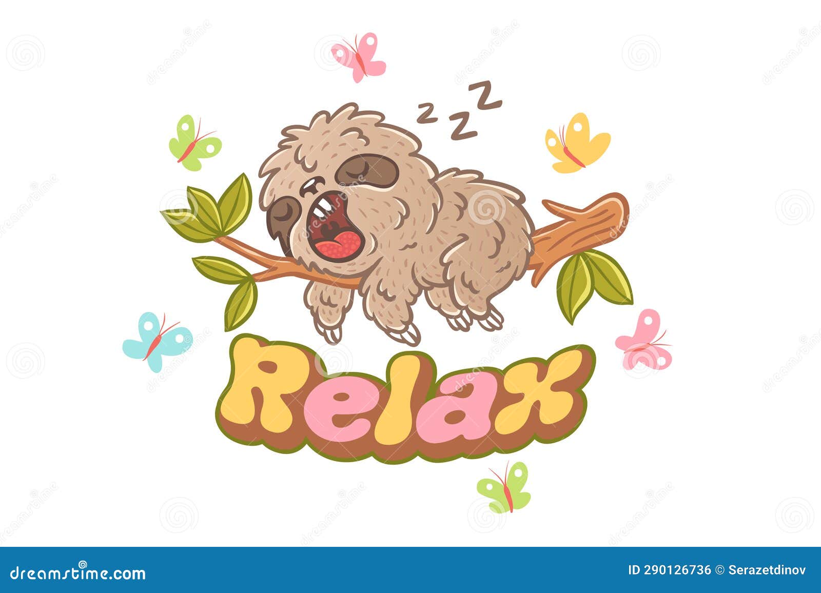 Vector Illustration of a Sleep Sloth on Branch with Green Leaves. Not ...