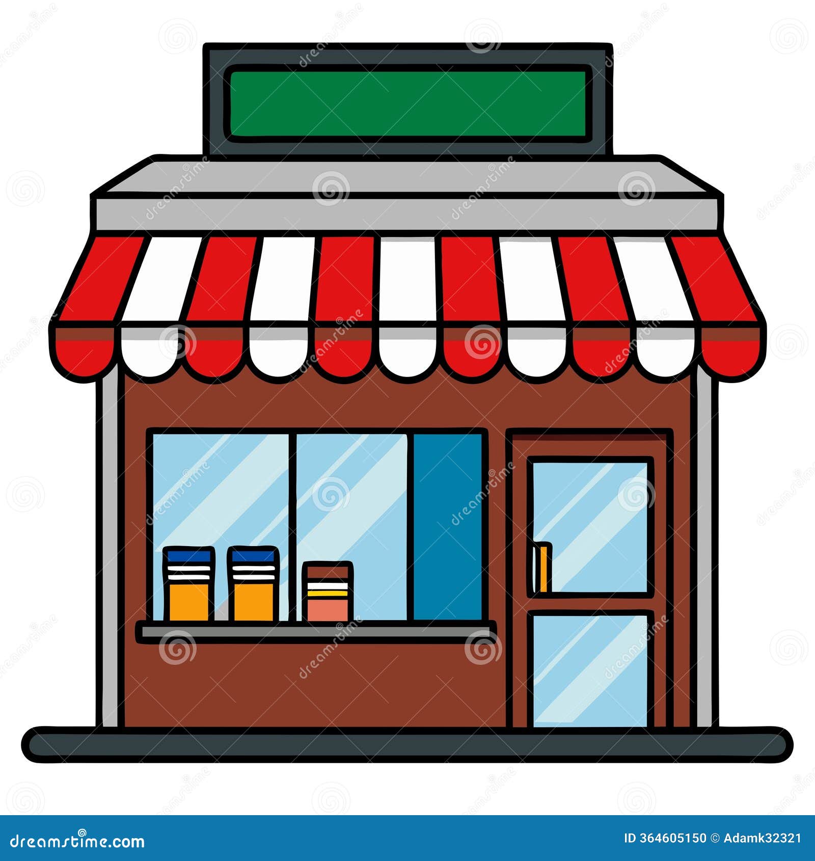 Vector Illustration Of Small Bookstore Front With Red White Awning For ...