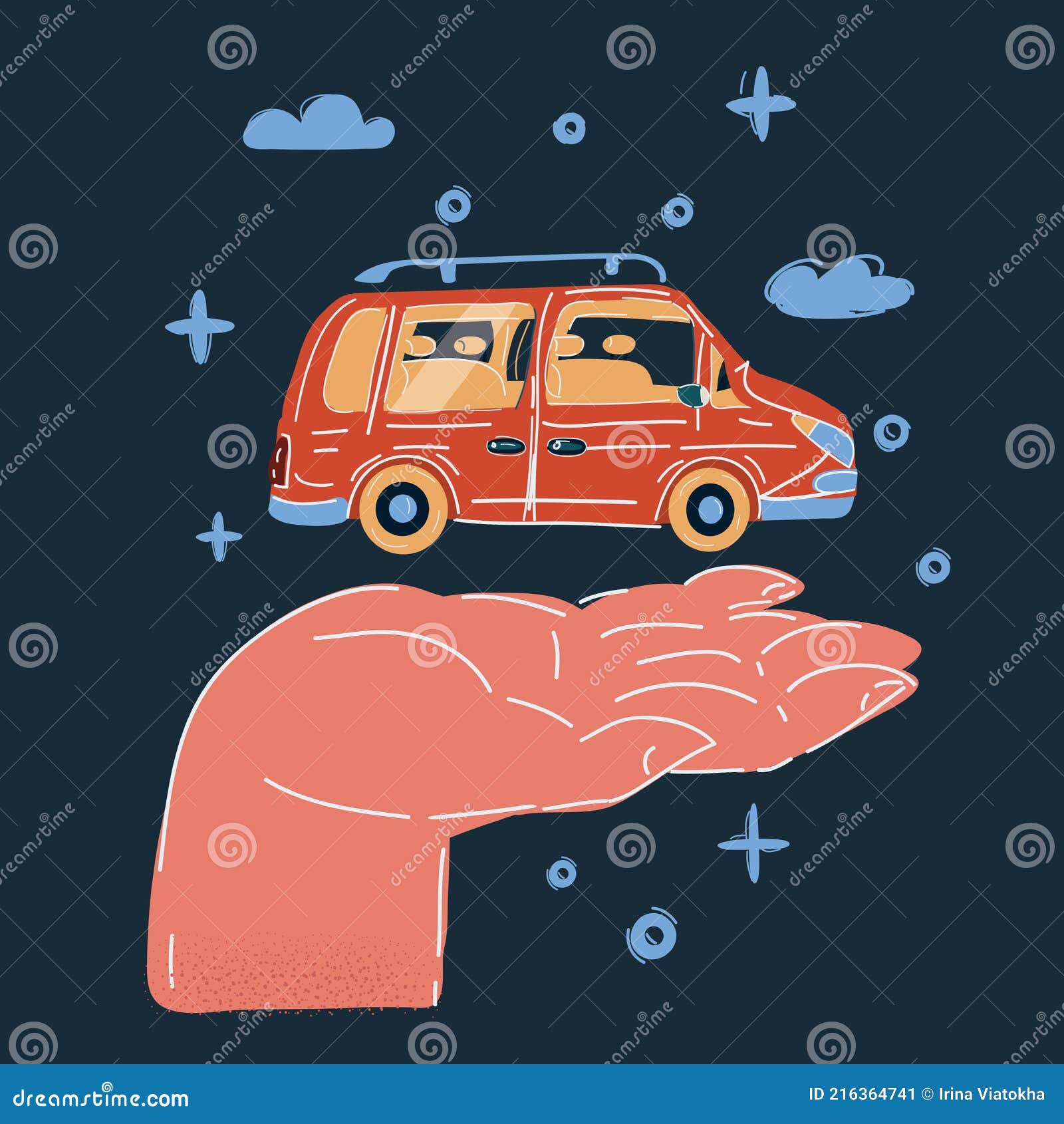 Vector Illustration of Small Car in Human Hand on Dark Background Stock ...