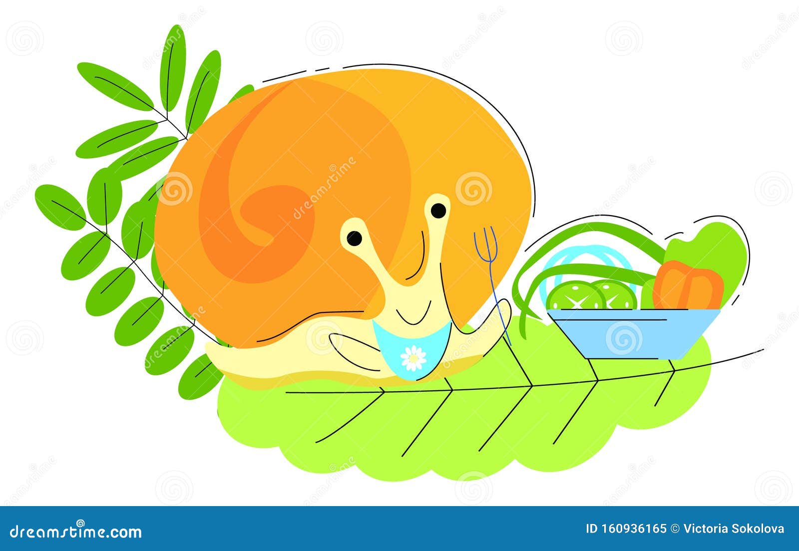Vector Illustration of a Small, Cute Snail that Happily Eats Salad ...