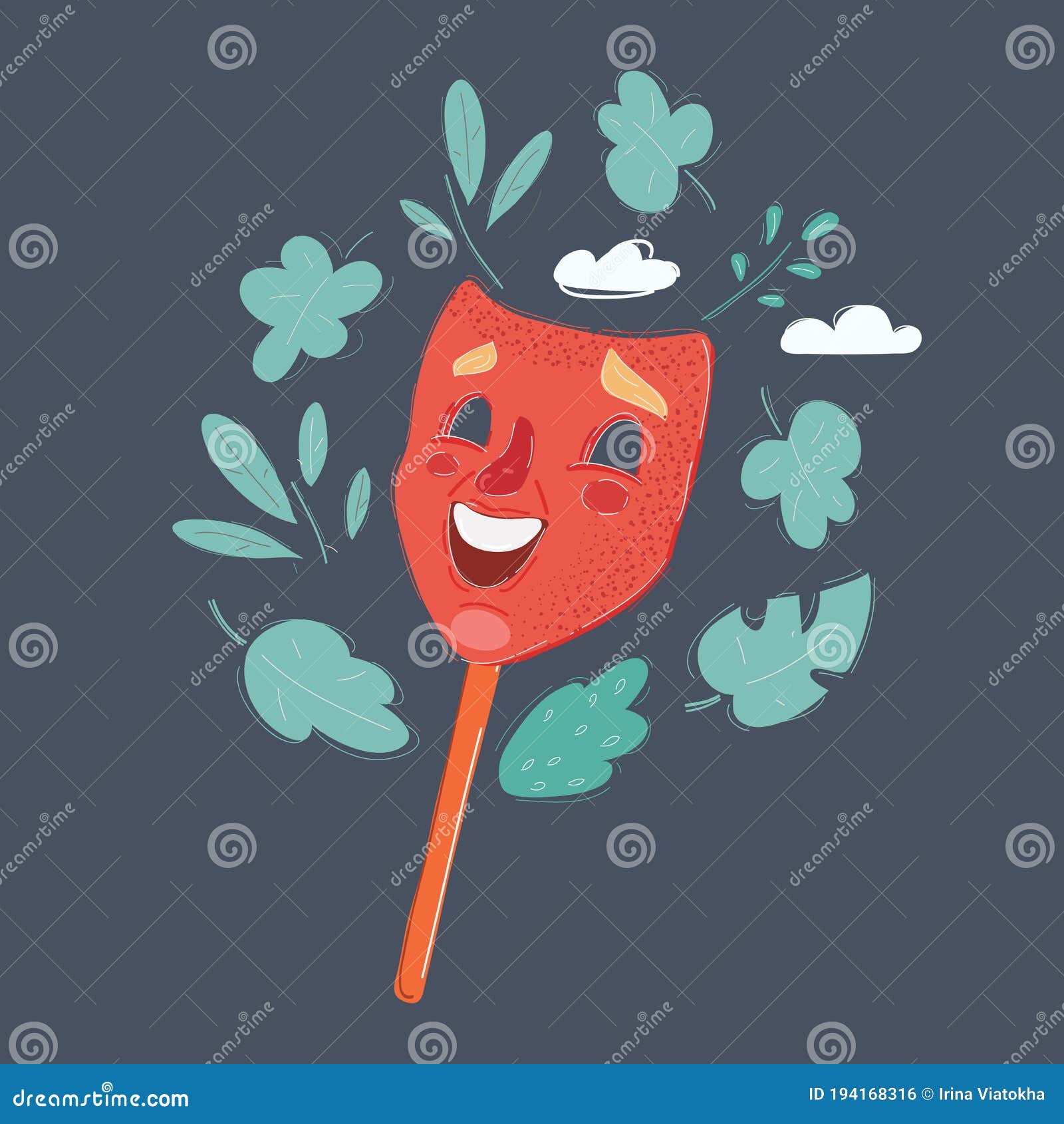 Vector Illustration of Smile Comedy Red Mask with Handle on Dark ...
