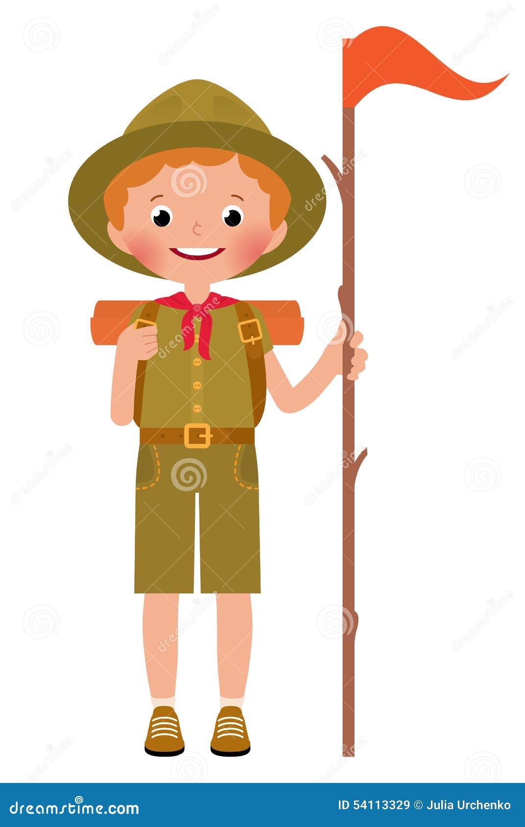 Smiling Boy Scout Character In Uniform Standing With Backpack Vector ...