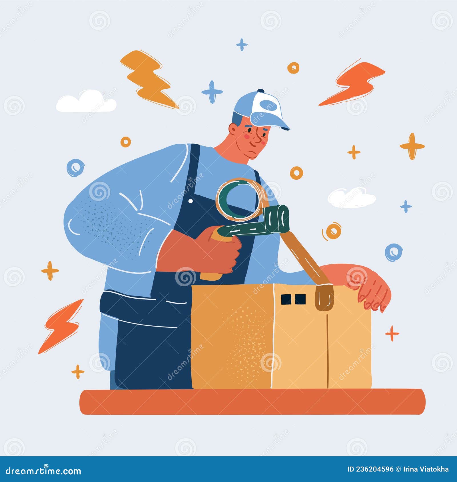 Vector Illustration Of Smiling Man Is Packiging Big Parcel ...