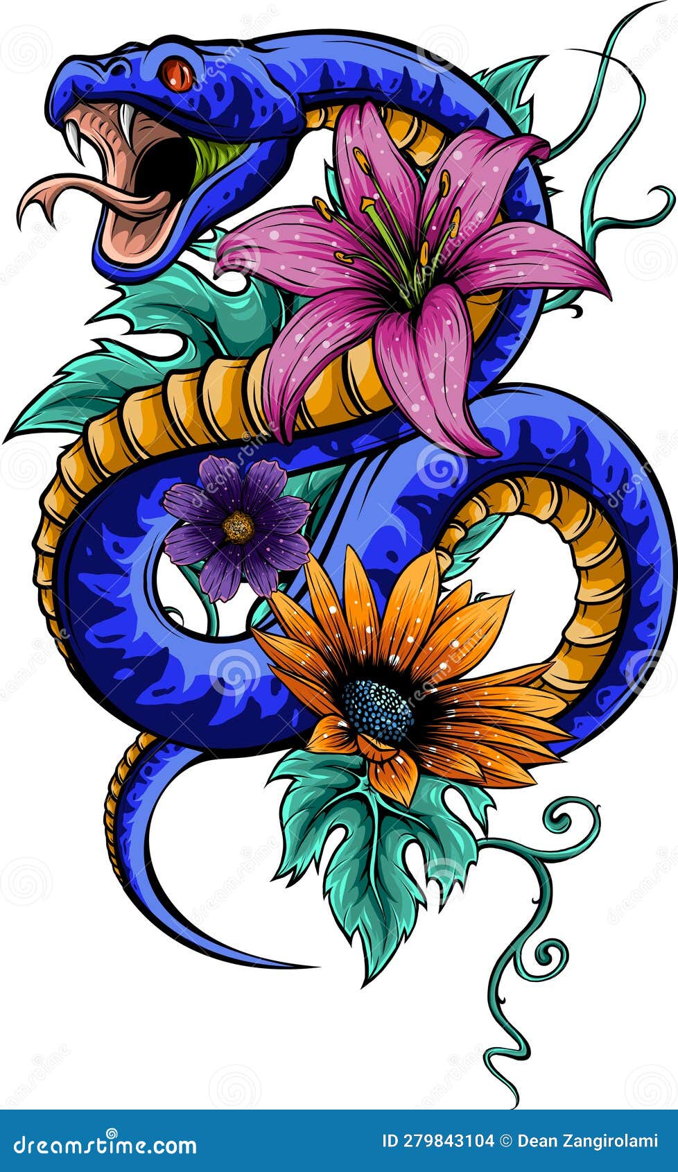 Vector Illustration of Snake with Flower and Leaves Stock Vector ...