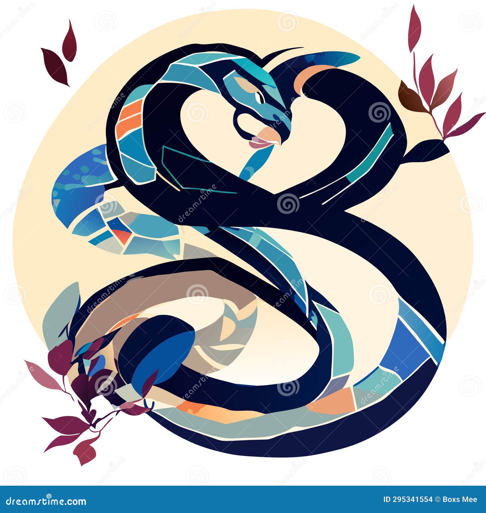 Vector Illustration of a Snake in the Form of a Circle with Leaves ...