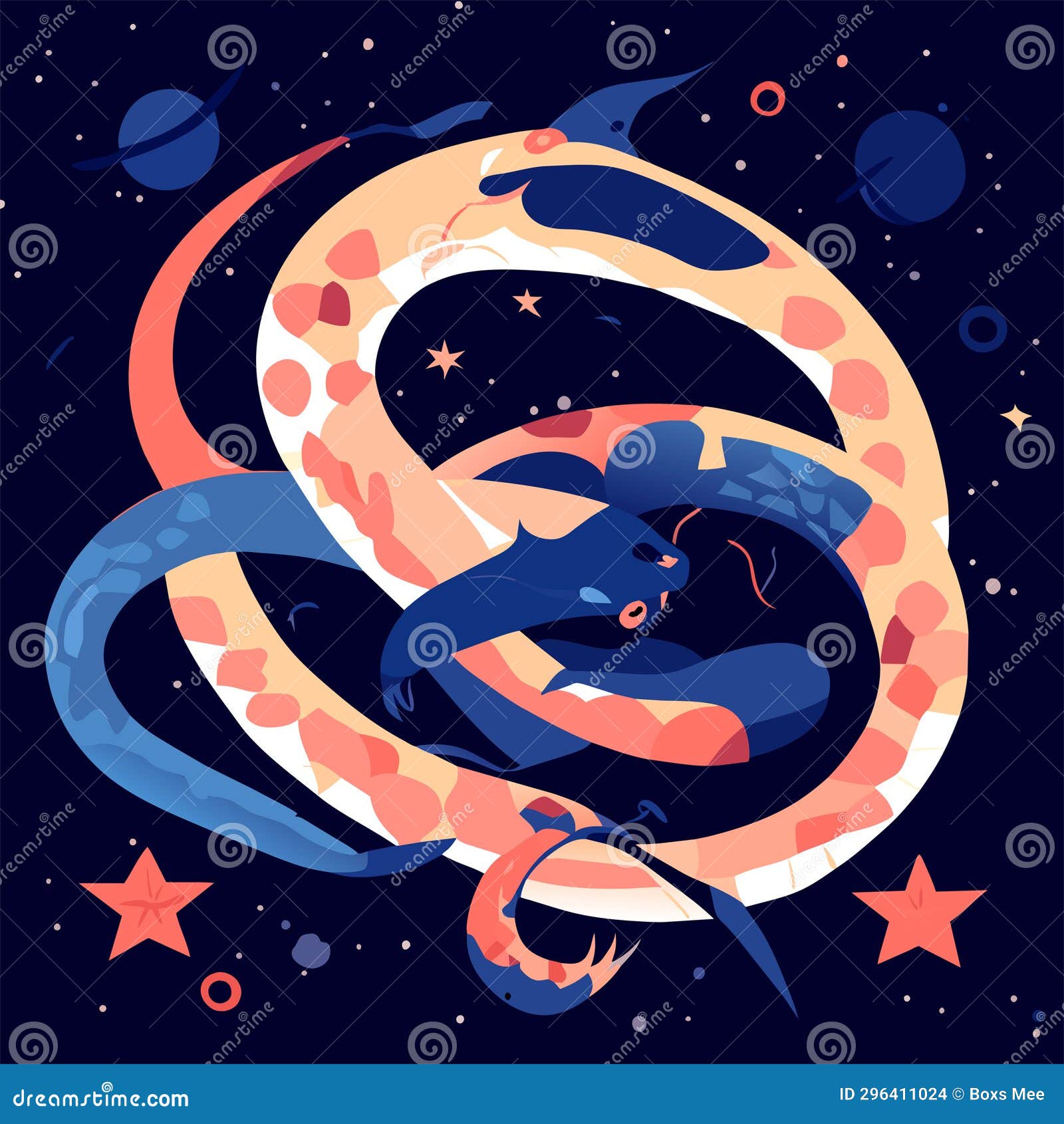 Vector Illustration of a Snake in the Space with Planets and Stars ...