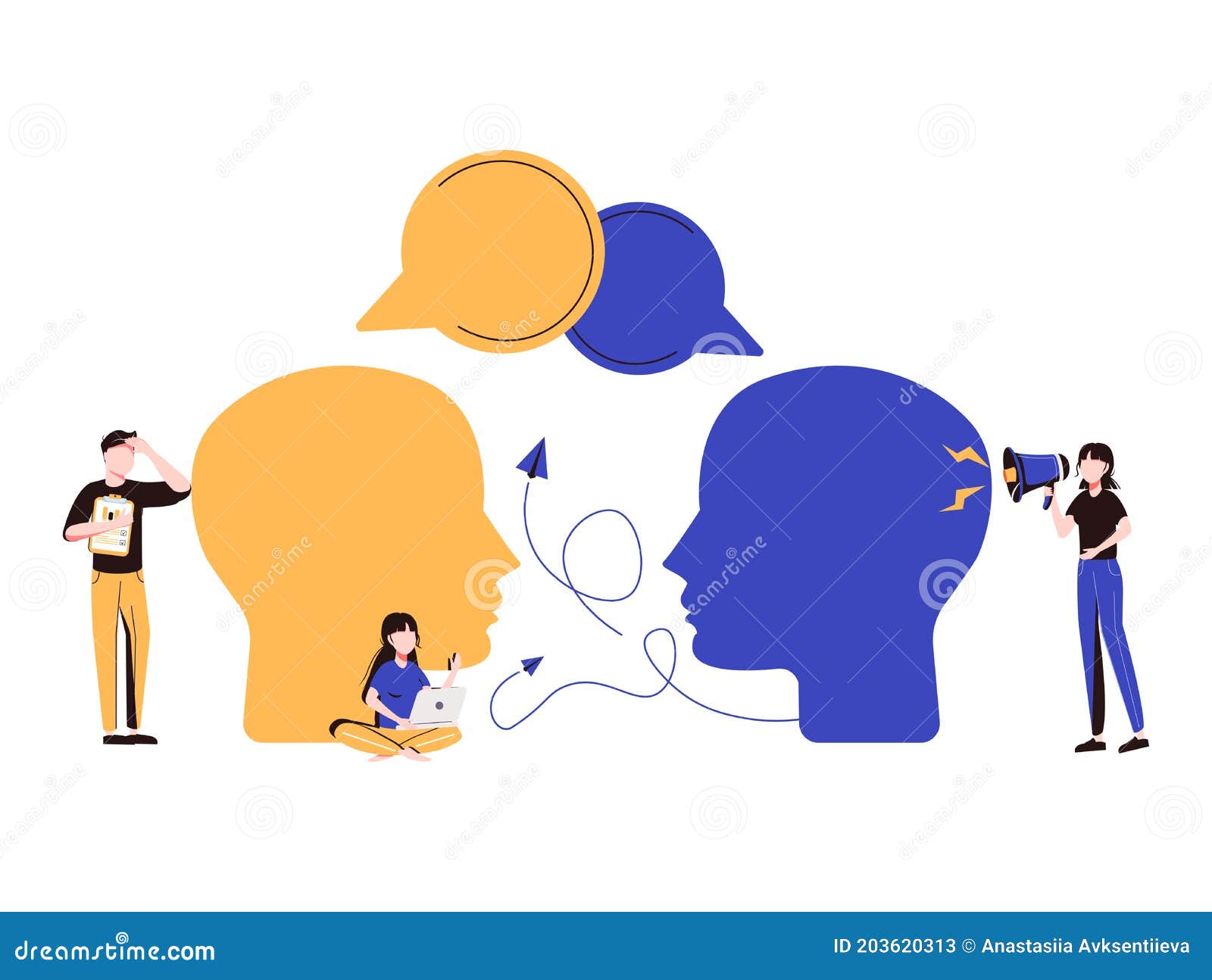 Vector Illustration, Social Communication, Two Big Heads Share Thoughts ...