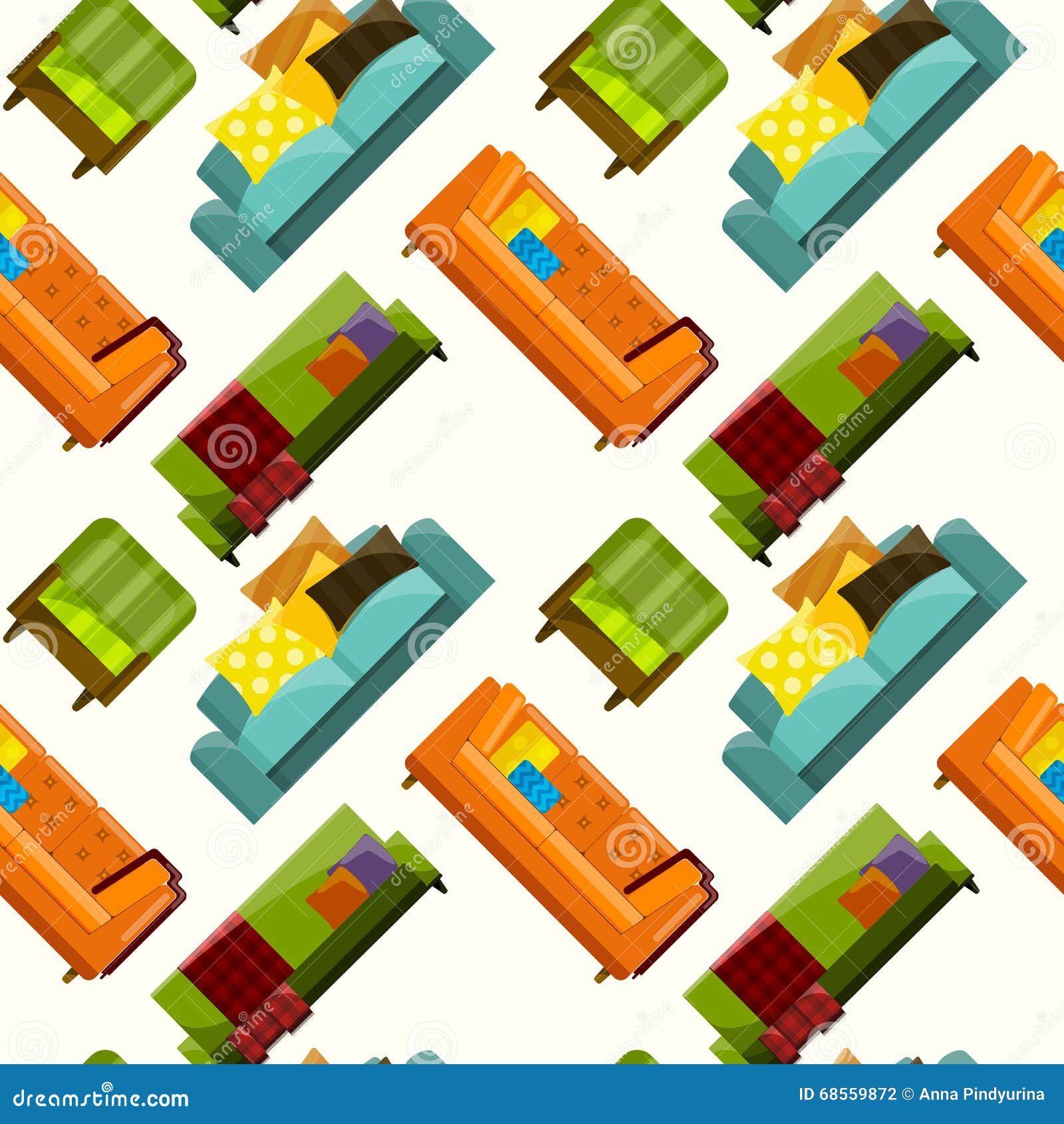Vector Illustration of Sofa in Flat Seamless Pattern Stock Vector ...
