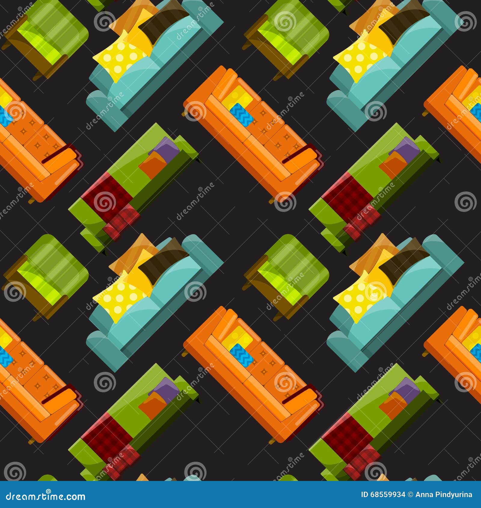 Vector Illustration of Sofa in Flat Seamless Pattern Stock Vector ...