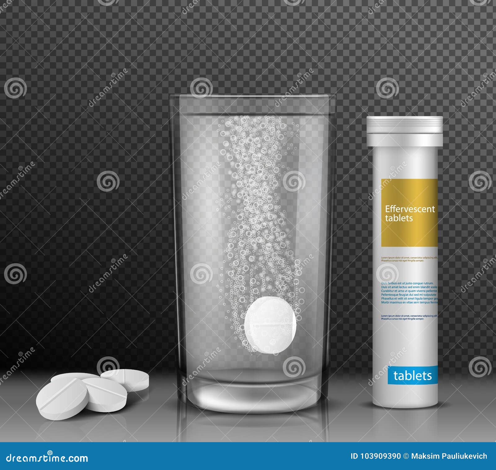 Vector Illustration Of Soluble Round Tablets In A Glass Of Water And A ...