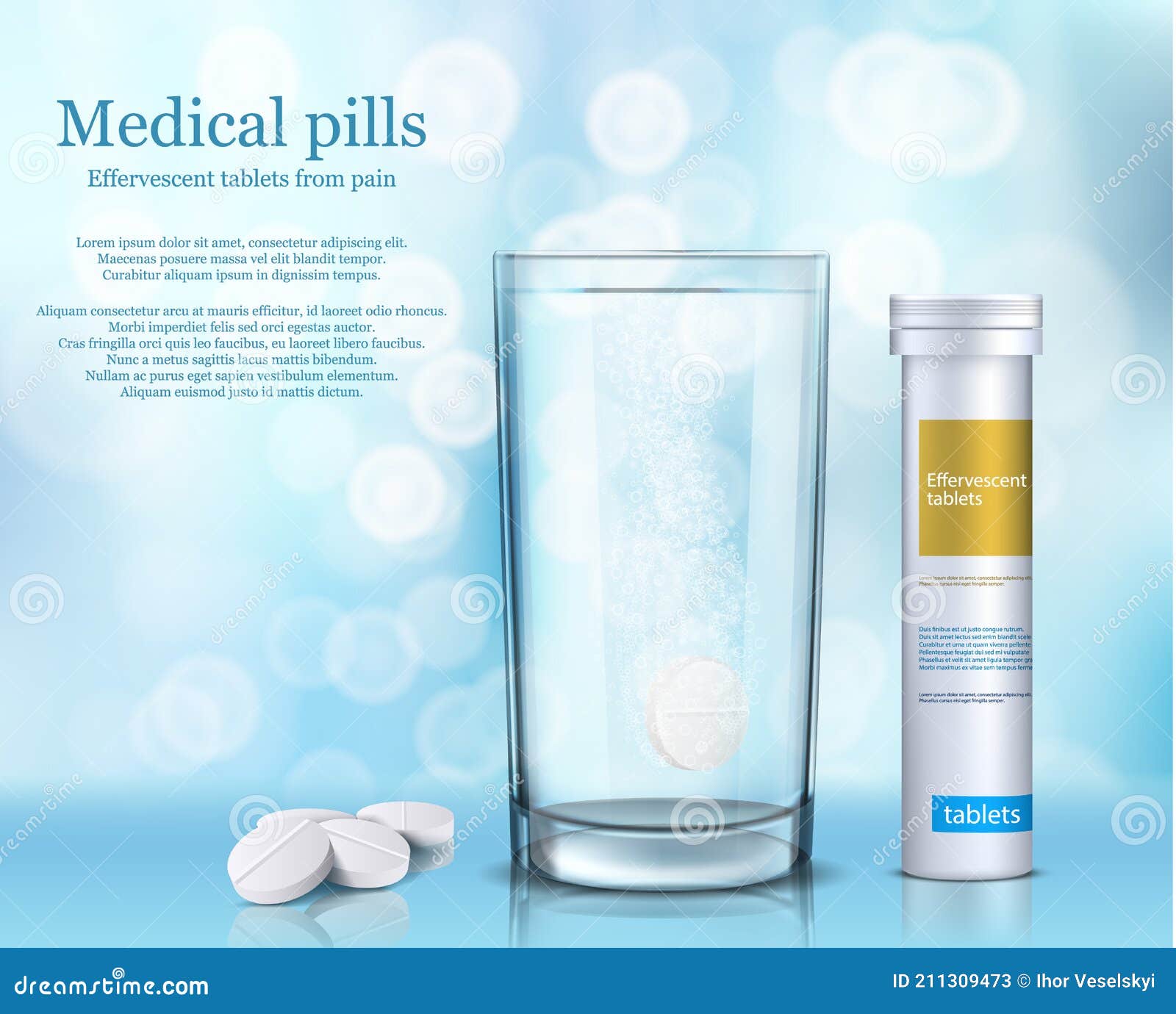 Vector Illustration of Soluble Round Tablets in a Glass of Water and a ...