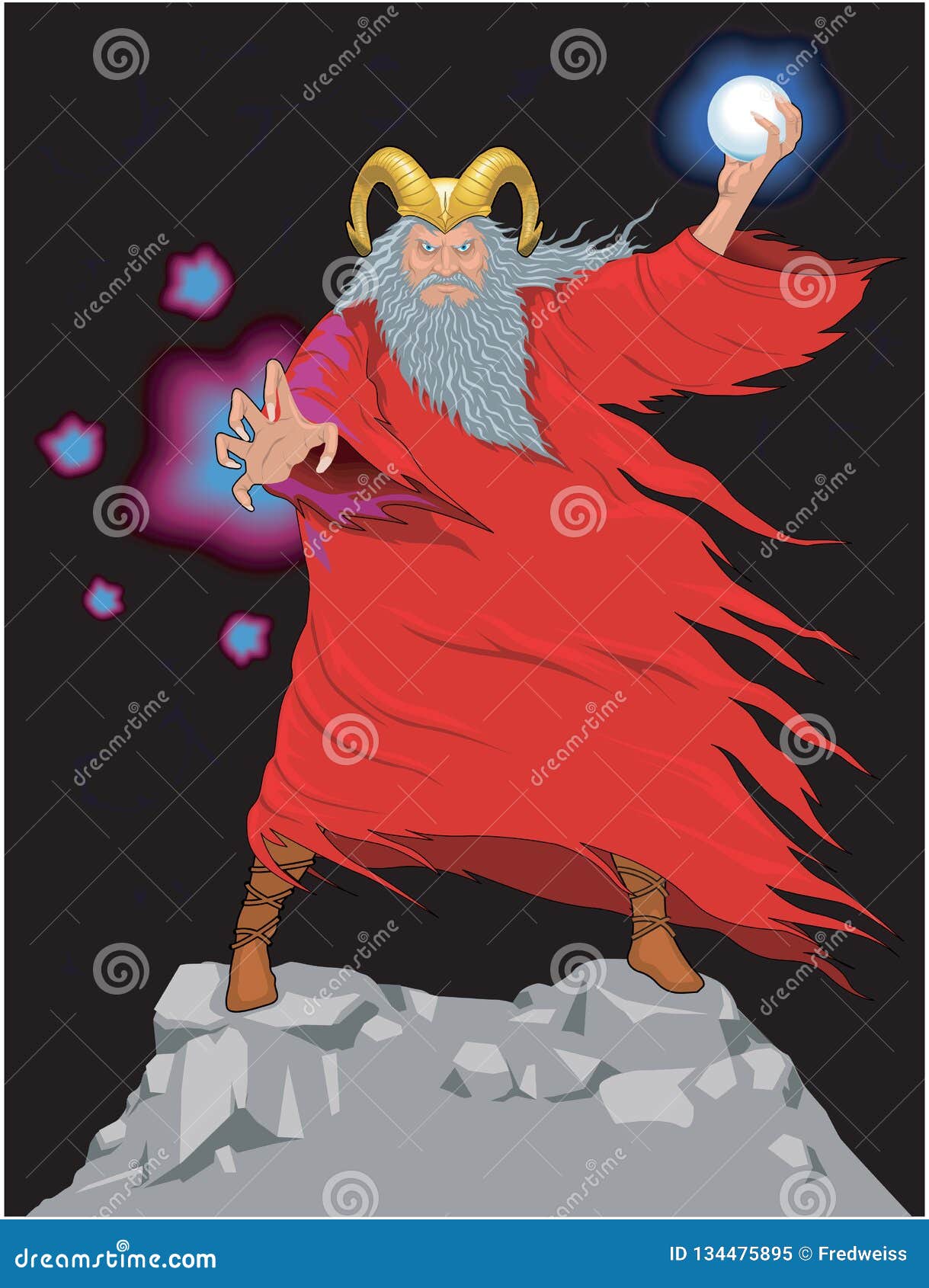 Sorcerer Casting A Spell Vector Illustration Evil Wizard Cartoon Character Cauldron With