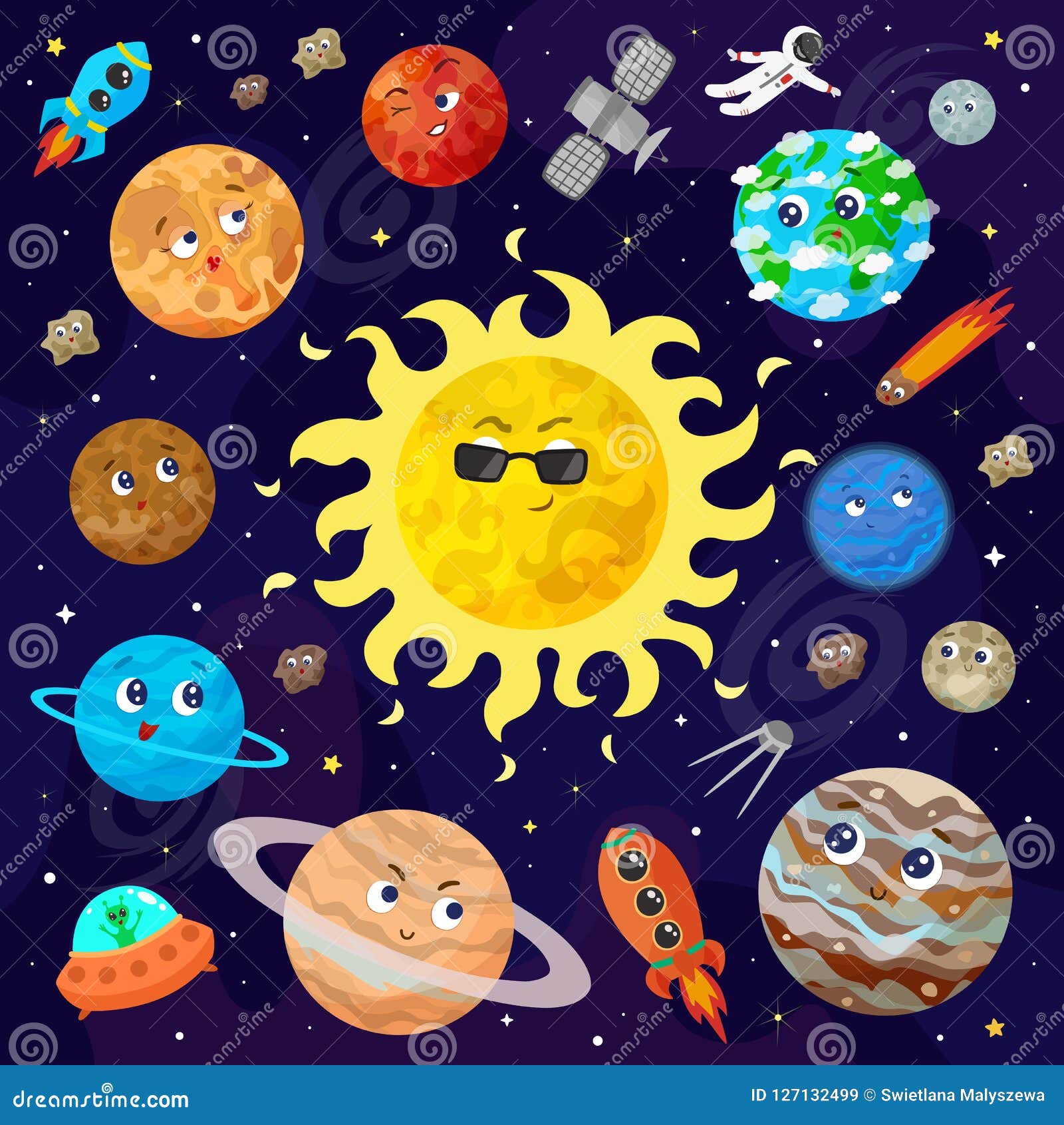 Vector Illustration of Space, Universe. Cute Cartoon Planets, As Stock ...