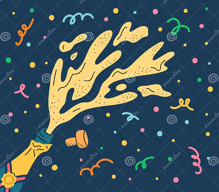 Vector Illustration. Splashes of Champagne from Opened Bottle with Cork ... Vector Illustration. Splashes of Champagne from Opened Bottle with Cork ...