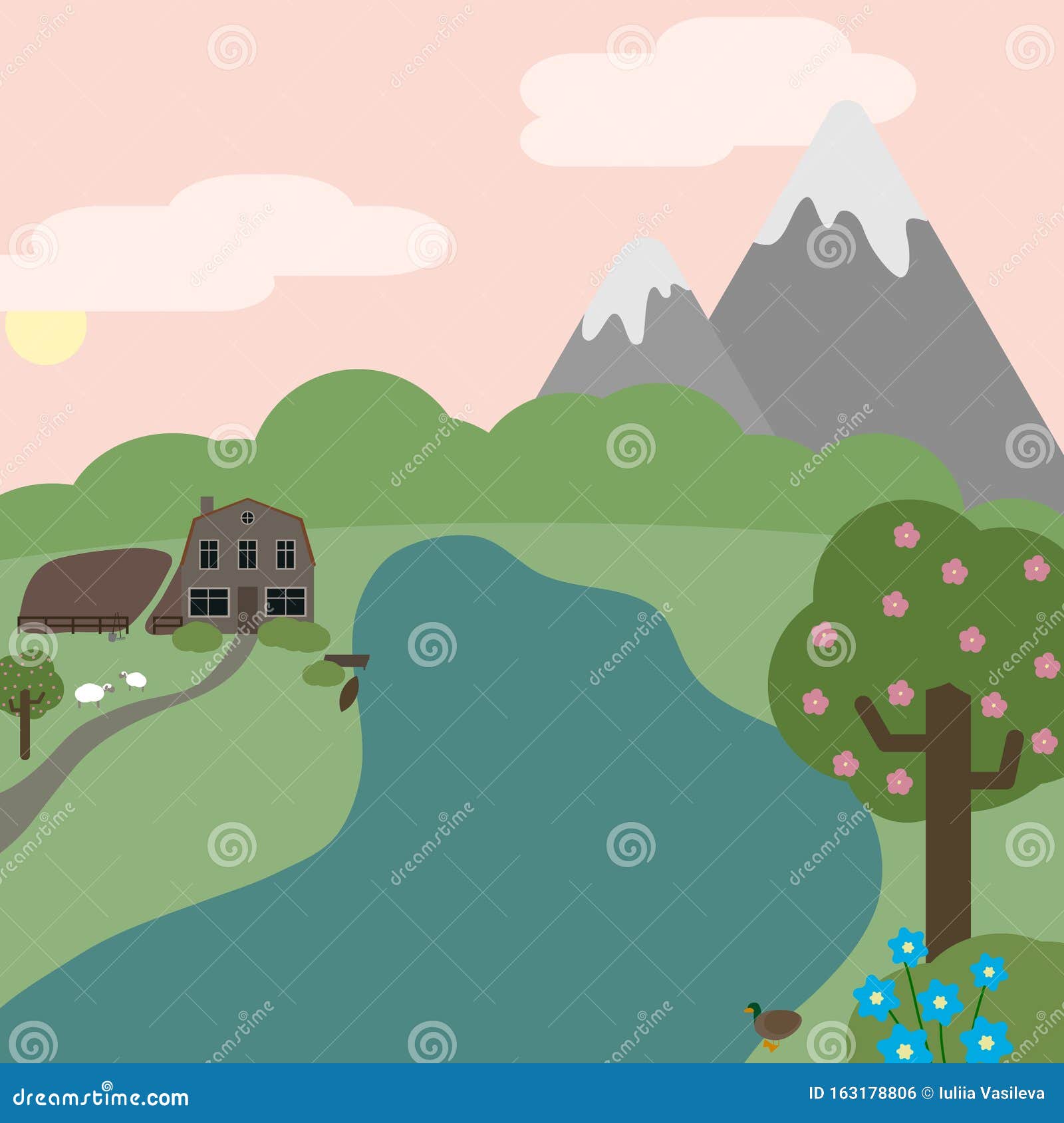 Vector Illustration of Morning Spring Scenery. Stock Vector ...