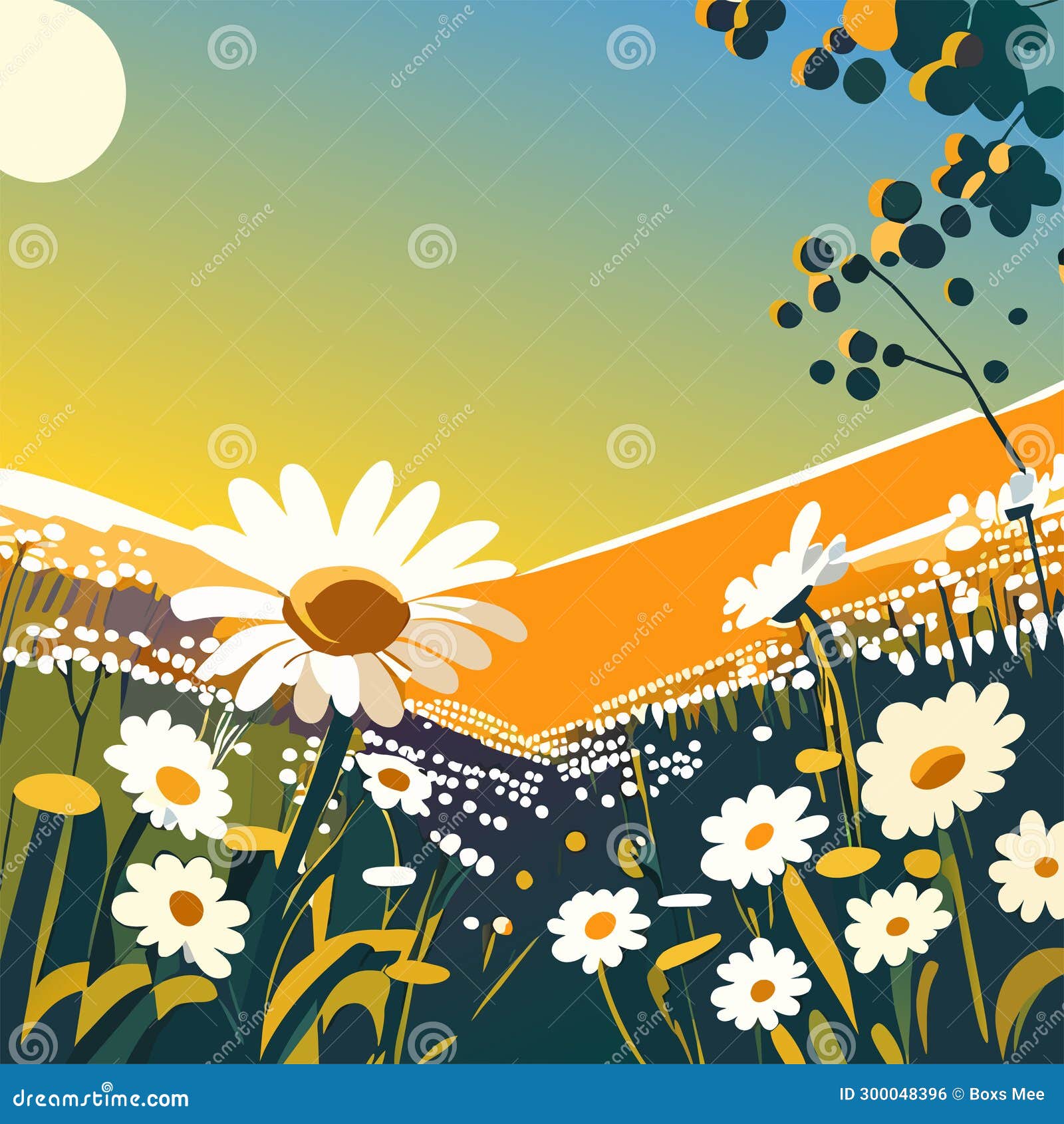 Vector Illustration of a Spring Meadow with Daisies and Sun Generative ...