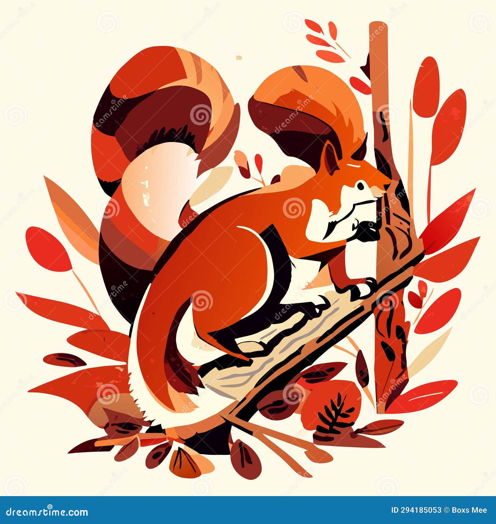 Vector Illustration Of A Squirrel Sitting On A Tree Branch With Autumn