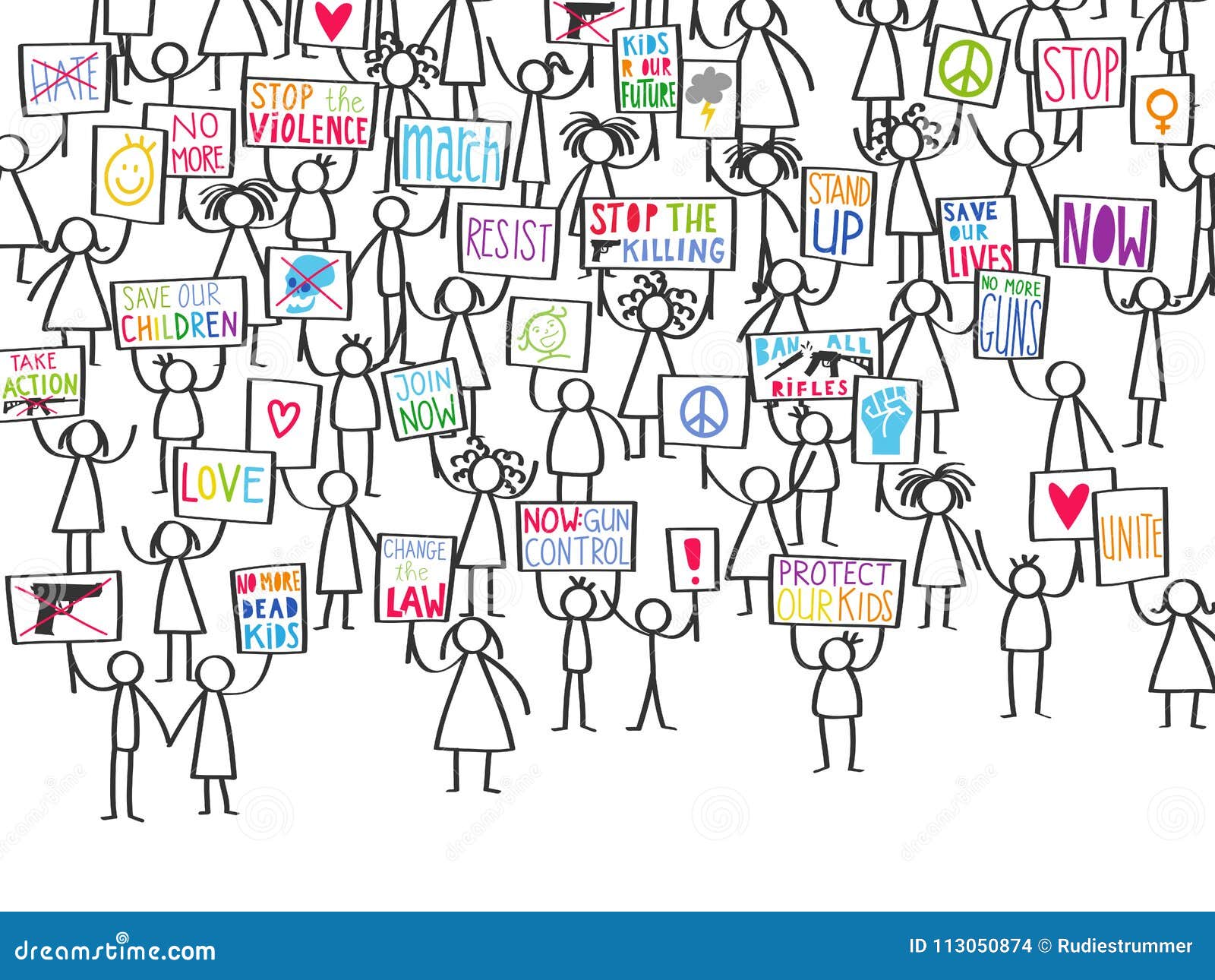 Vector Illustration of Stick Figures Pro Gun Control, Protesting Gun ...