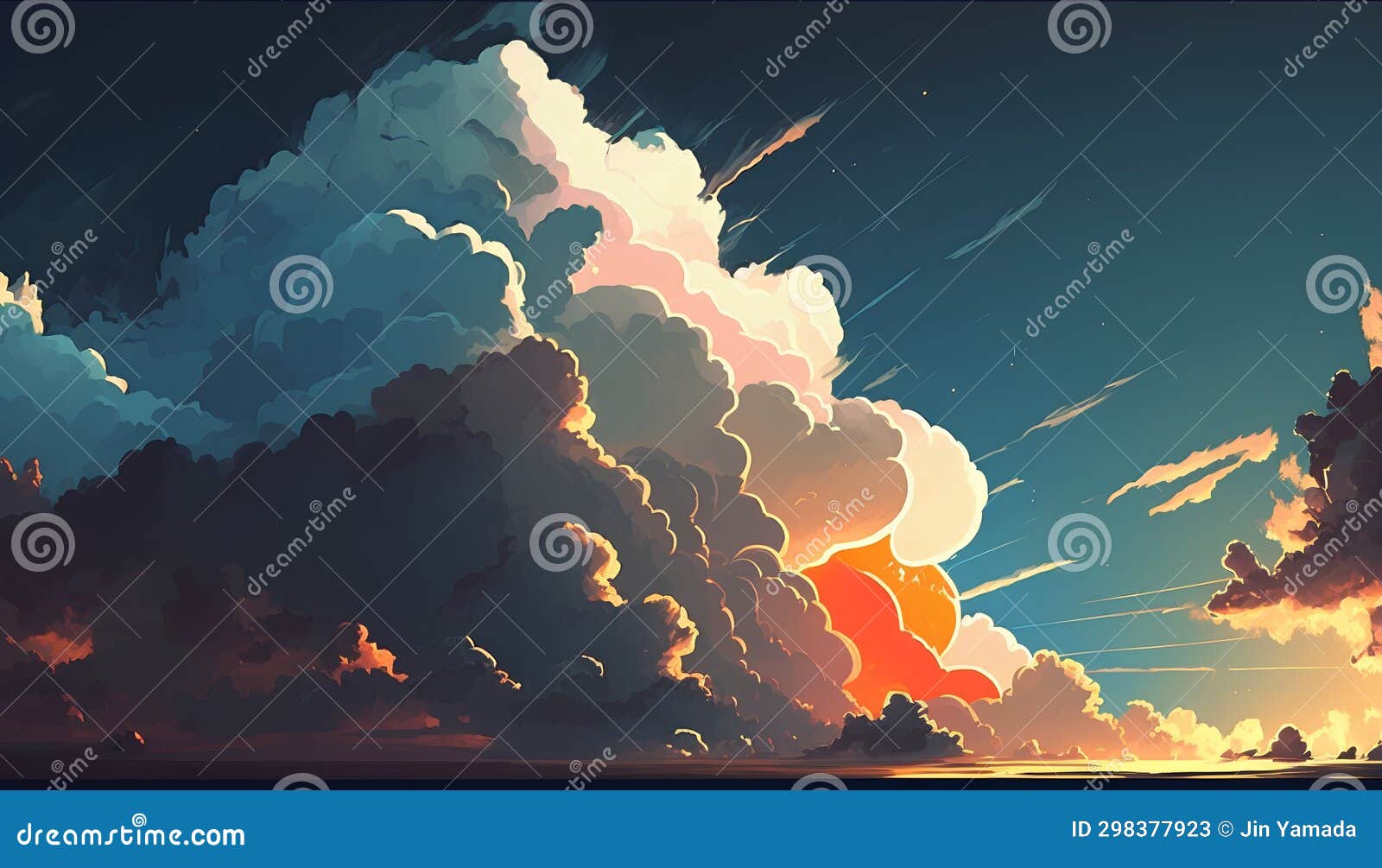 Vector Illustration of a Stormy Sky with Big Clouds and Sun. Stock Illustration - Illustration ...