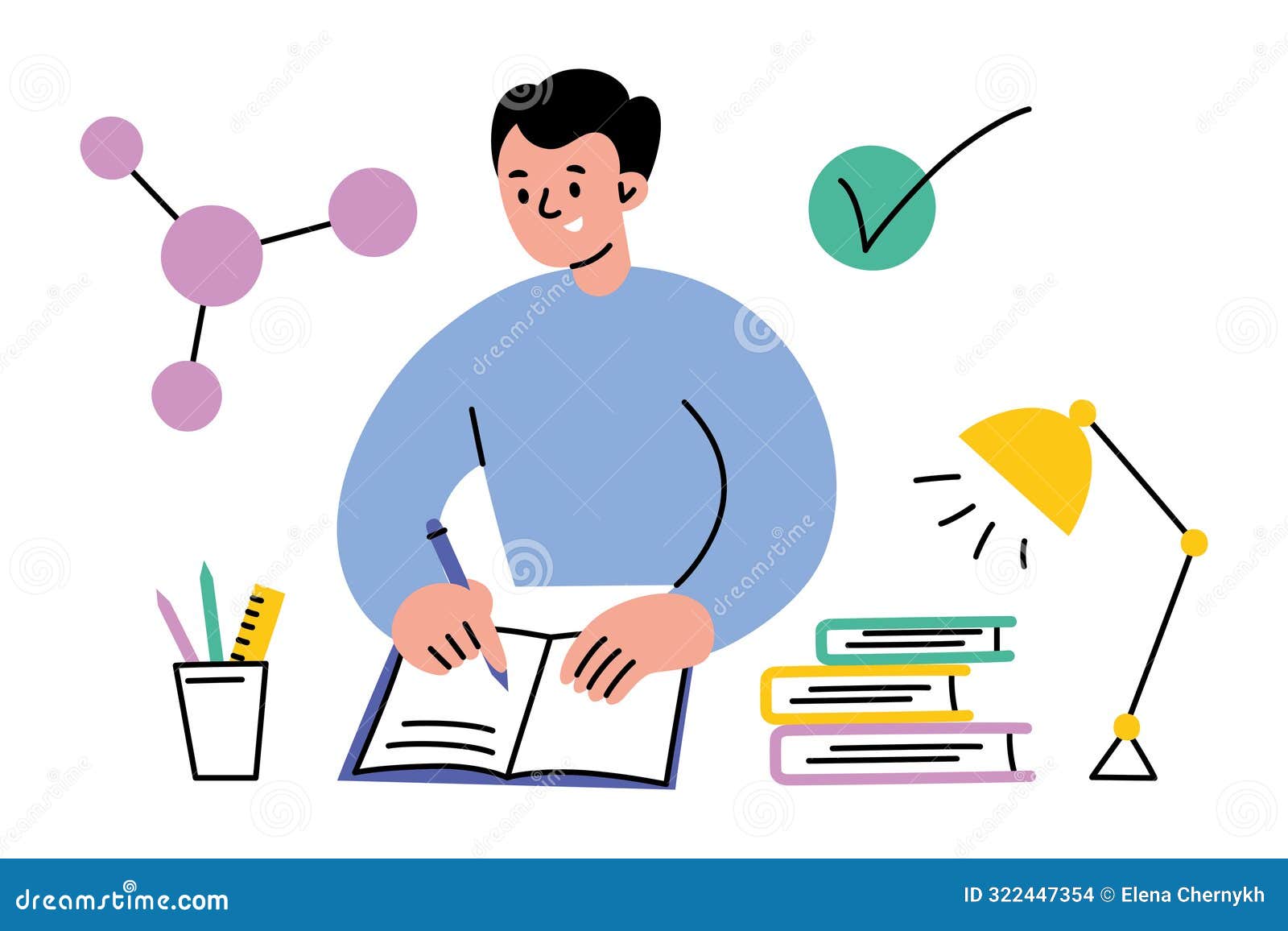 Vector Illustration of a Student Doing Homework, Writing in a Notebook ...