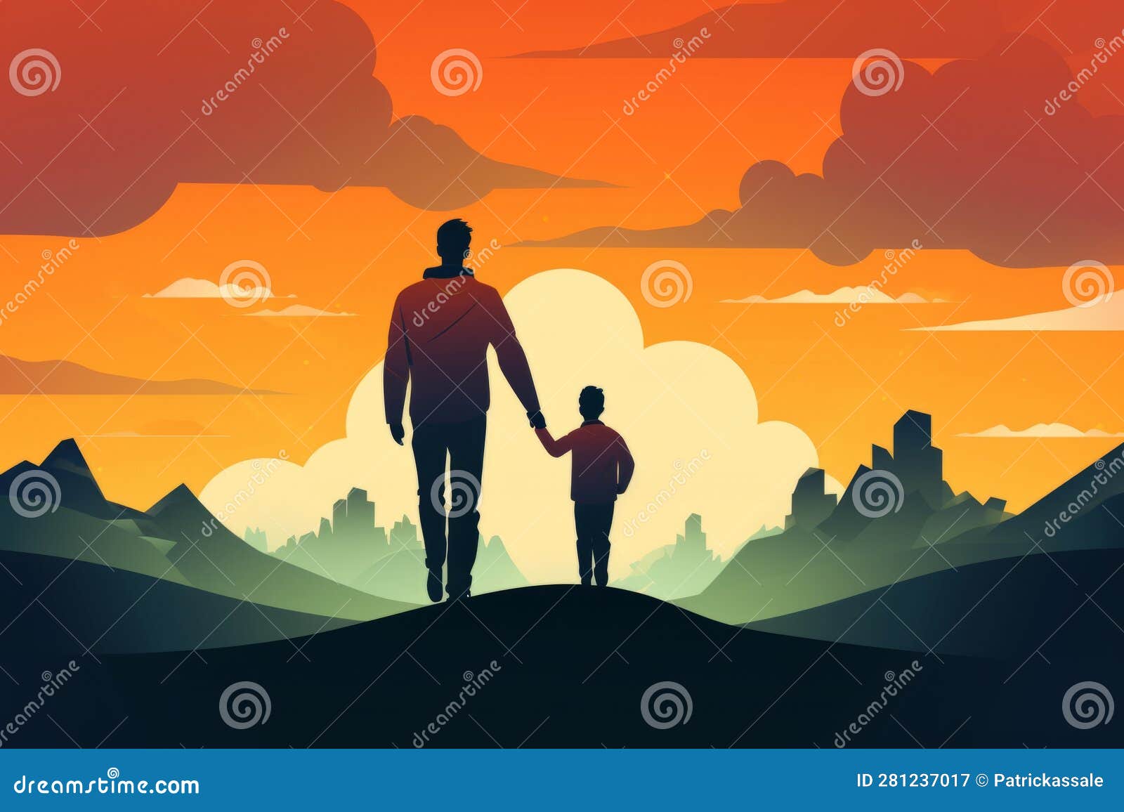 Vector Illustration Style Father And Son Generative Ai Stock