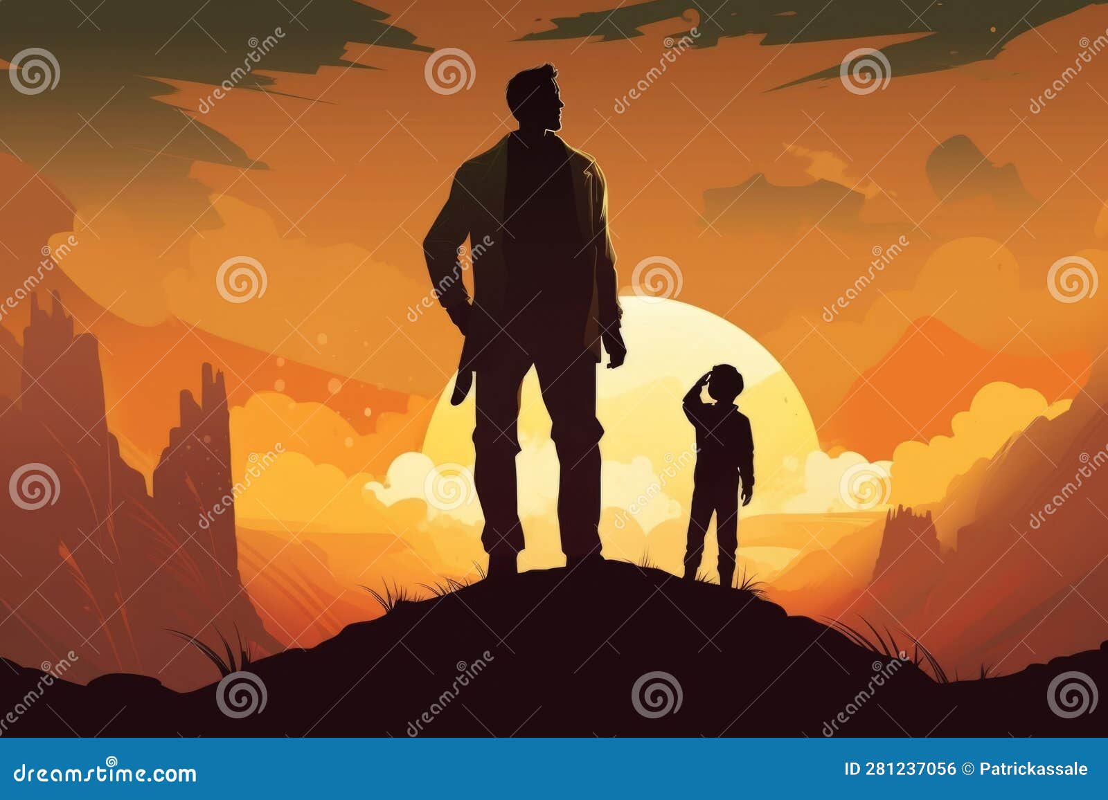 Vector Illustration Style Father And Son Generative Ai Stock