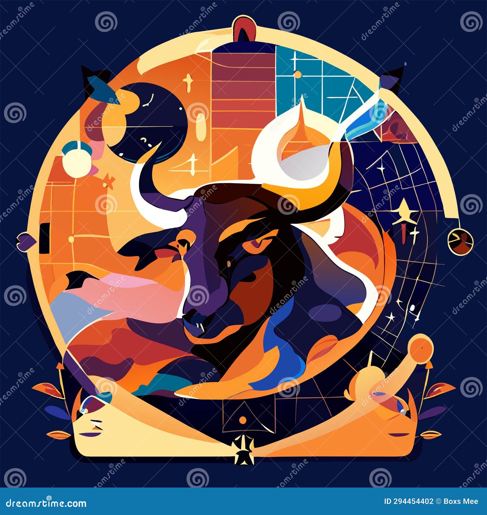 Vector Illustration of a Stylized Bull on the Background of the Night ...