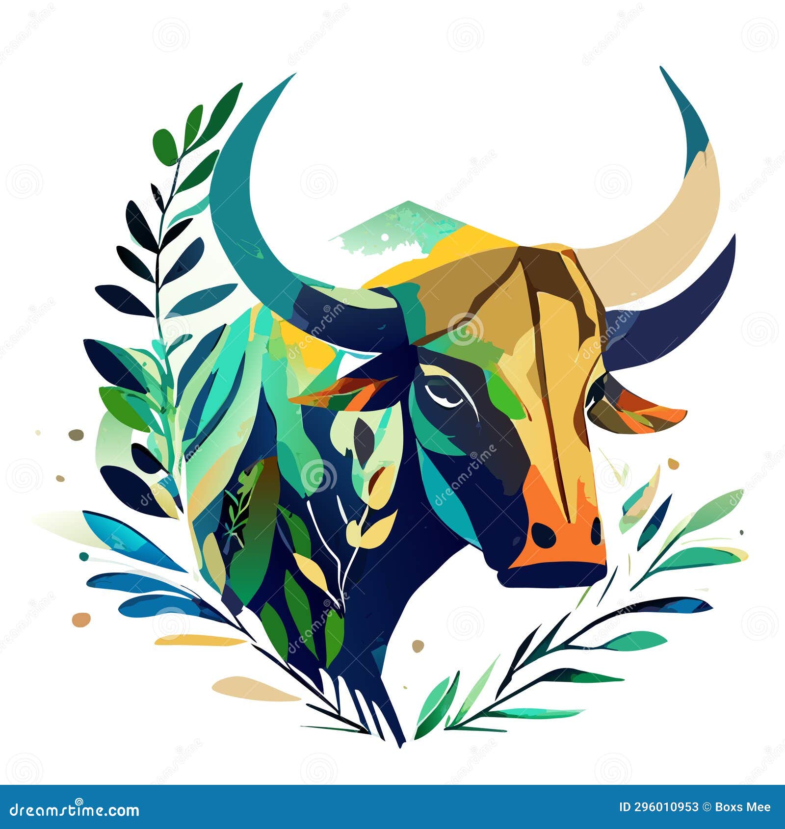 Vector Illustration of a Stylized Bull Head with Leaves and Branches ...