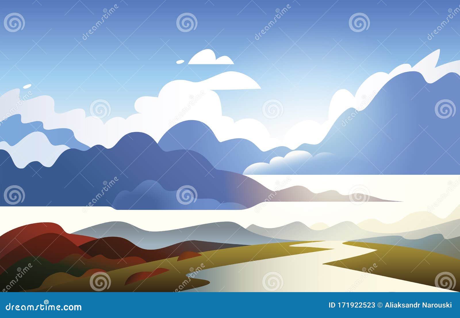 Stylized Natural Landscape with a River. Stock Vector - Illustration of ...